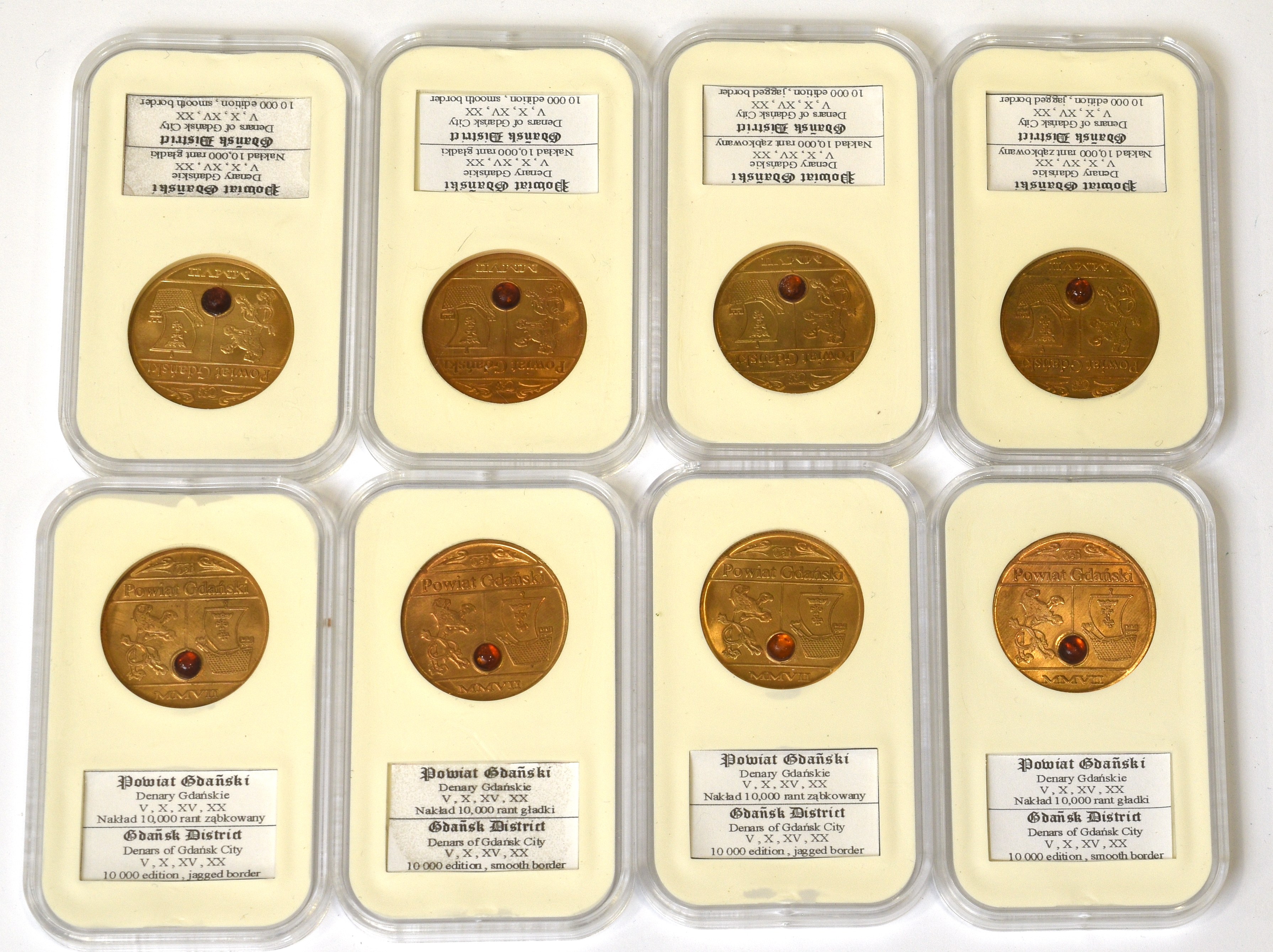 Gdańsk, Pieniądz zastępczy, Zestaw 8 denarów gdańskich z bursztynem ...