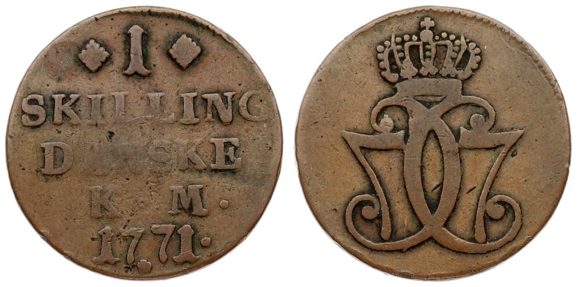 Denmark 1 Skilling 1771 Christian VII (1766-1808). Averse: Crowned ...