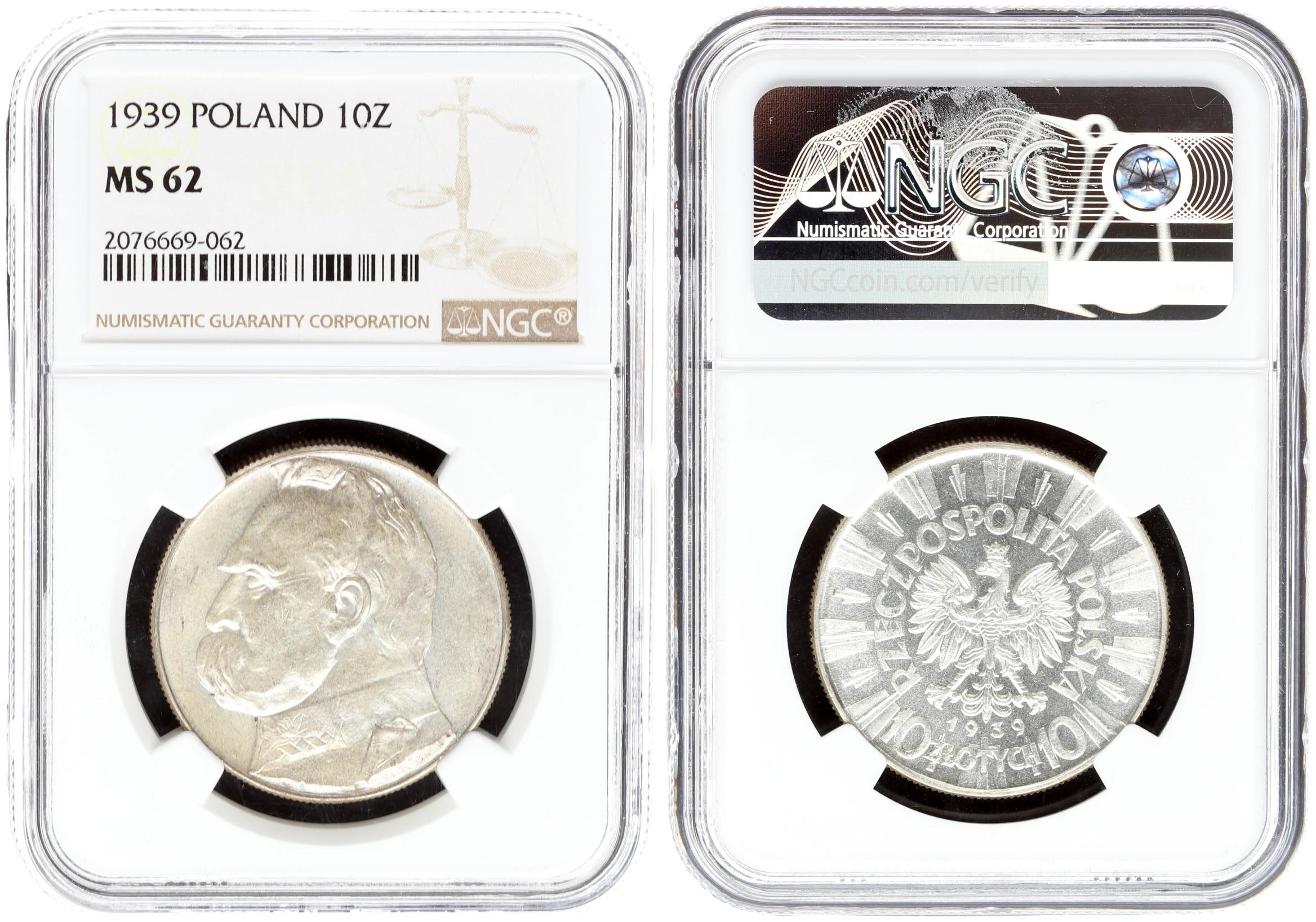 Poland 10 Zlotych 1939 (w) Averse: Eagle with wings open with no symbols below. Reverse: Head of ...