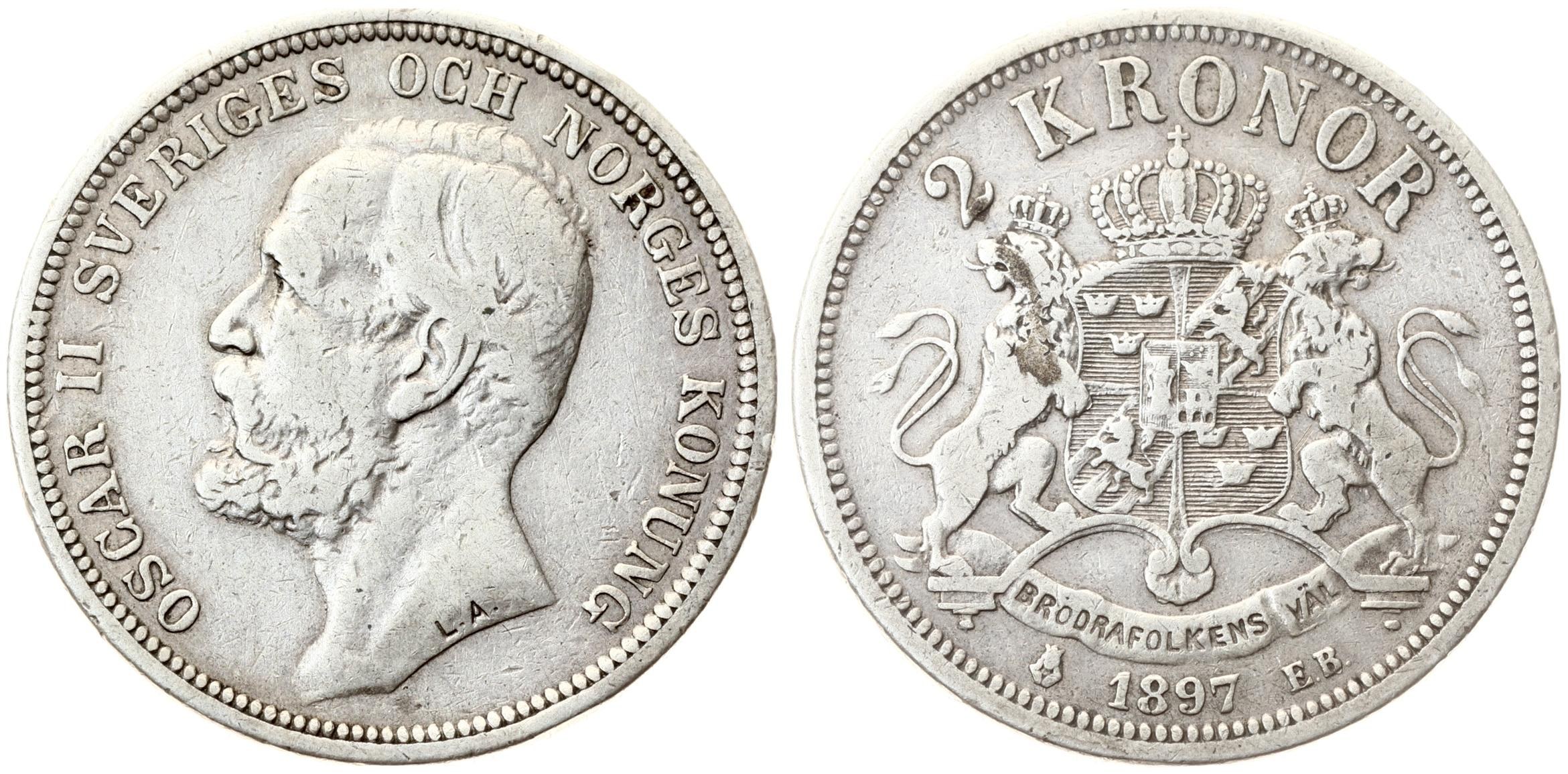 Sweden 2 Kronor 1897 EB Oscar II(1872-1907). Averse: Head left. Averse Legend: OSCAR II SVERIGES ...