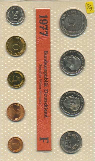Německo - BRD (1949-), Ročníková sada mincí 1977 minc. F (1, 2, 5, 10, 50 Pf., 1, 5, - Aukcja ...