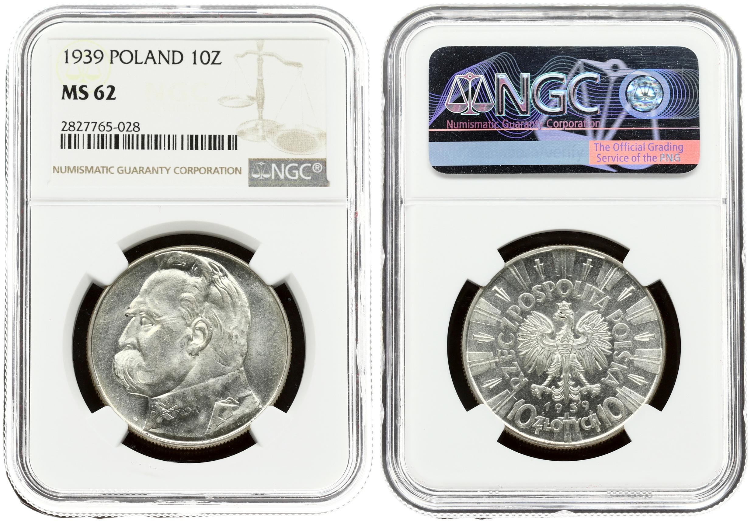 Poland 10 ZLotych 1939(w) Averse: Eagle with wings open with no symbols below. Reverse: Head of ...