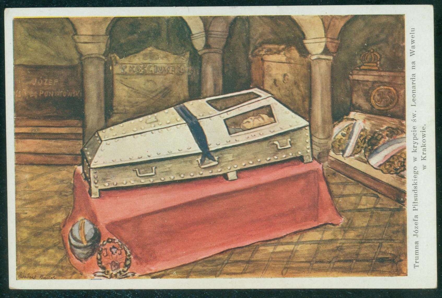 Trumna Józefa Piłsudskiego w krypcie św. Leonarda na Wawelu, mal ...