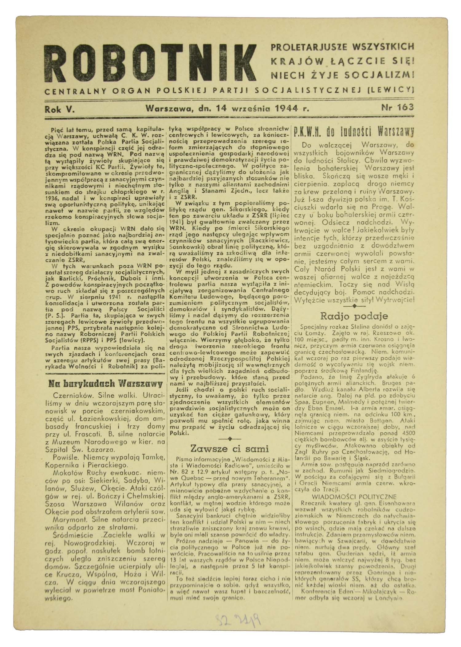 "Robotnik" Powstanie Warszawskie 14.09.1944r - Online auction / Online ...