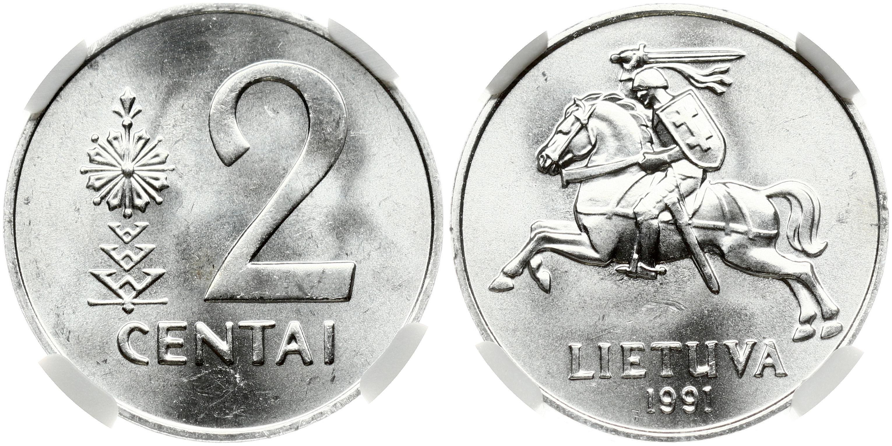 Lithuania 2 Centai 1991 Obverse: National arms. Reverse: Large value to ...