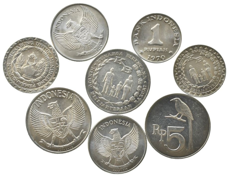 Indonésie, 10 rupiah 1979, 5 rupiah 1970, 1974, 1979, 1 rupiah 1970, 50 ...