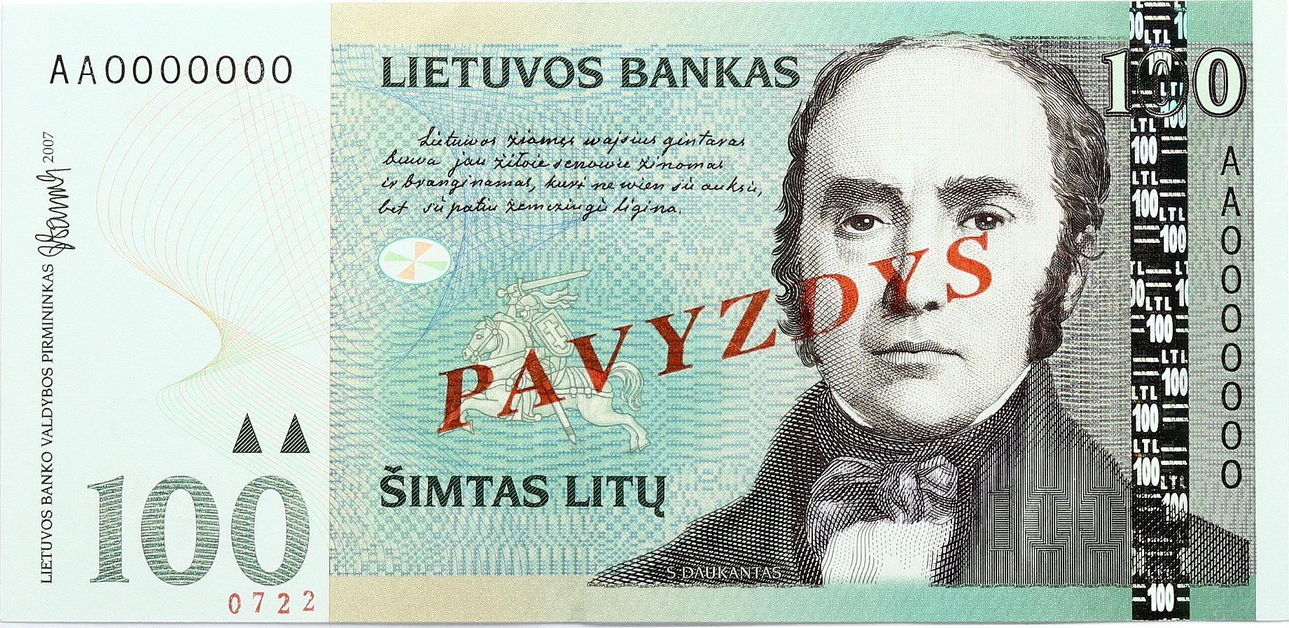 Lithuania 100 Litų 2007 Banknote PAVYZDYS/SPECIMEN. Obverse: Portrait of the writer; Simonas ...