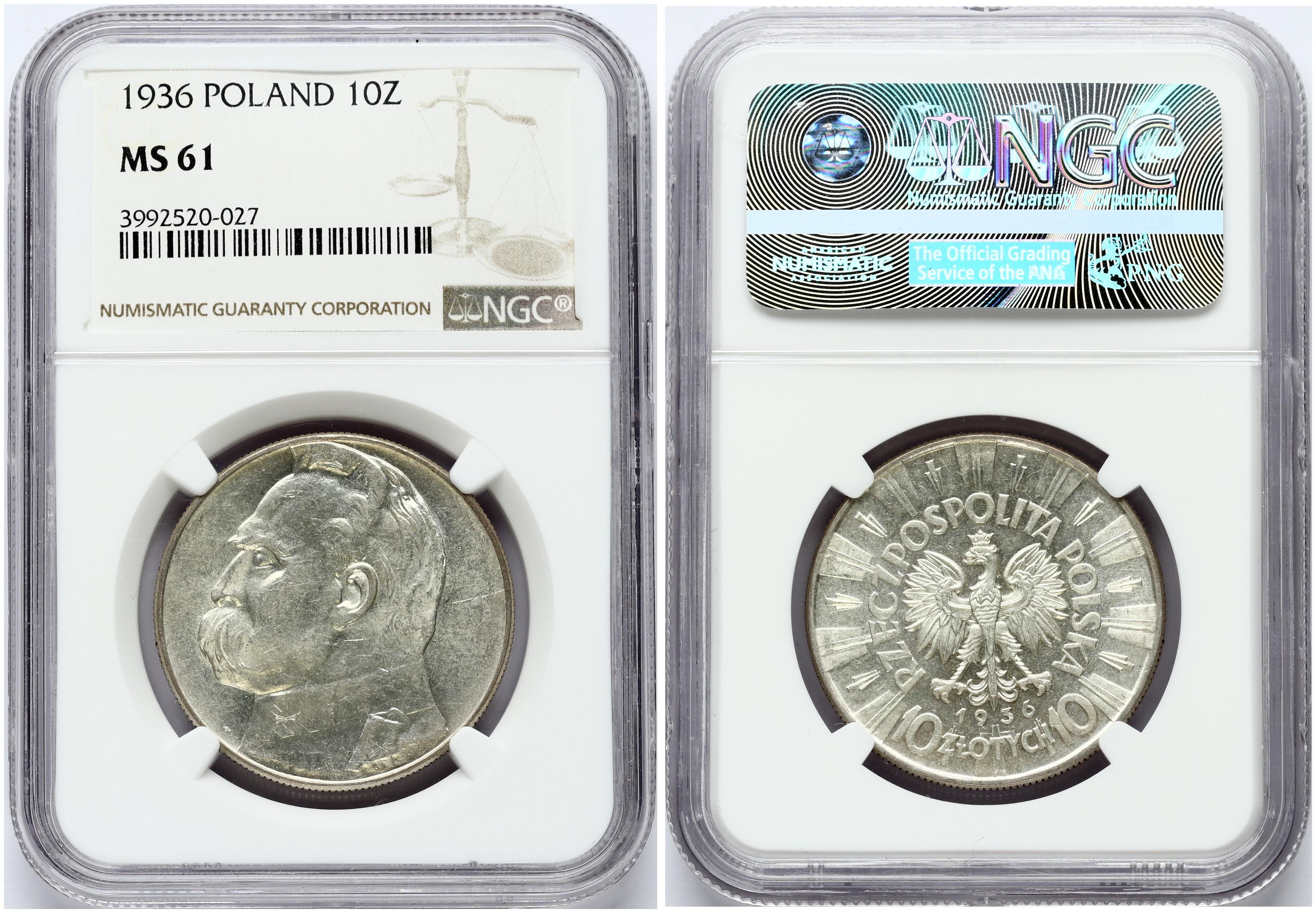 Poland 10 Zlotych 1936(w) Obverse: Eagle with wings open with no symbols below. Reverse: Head of ...