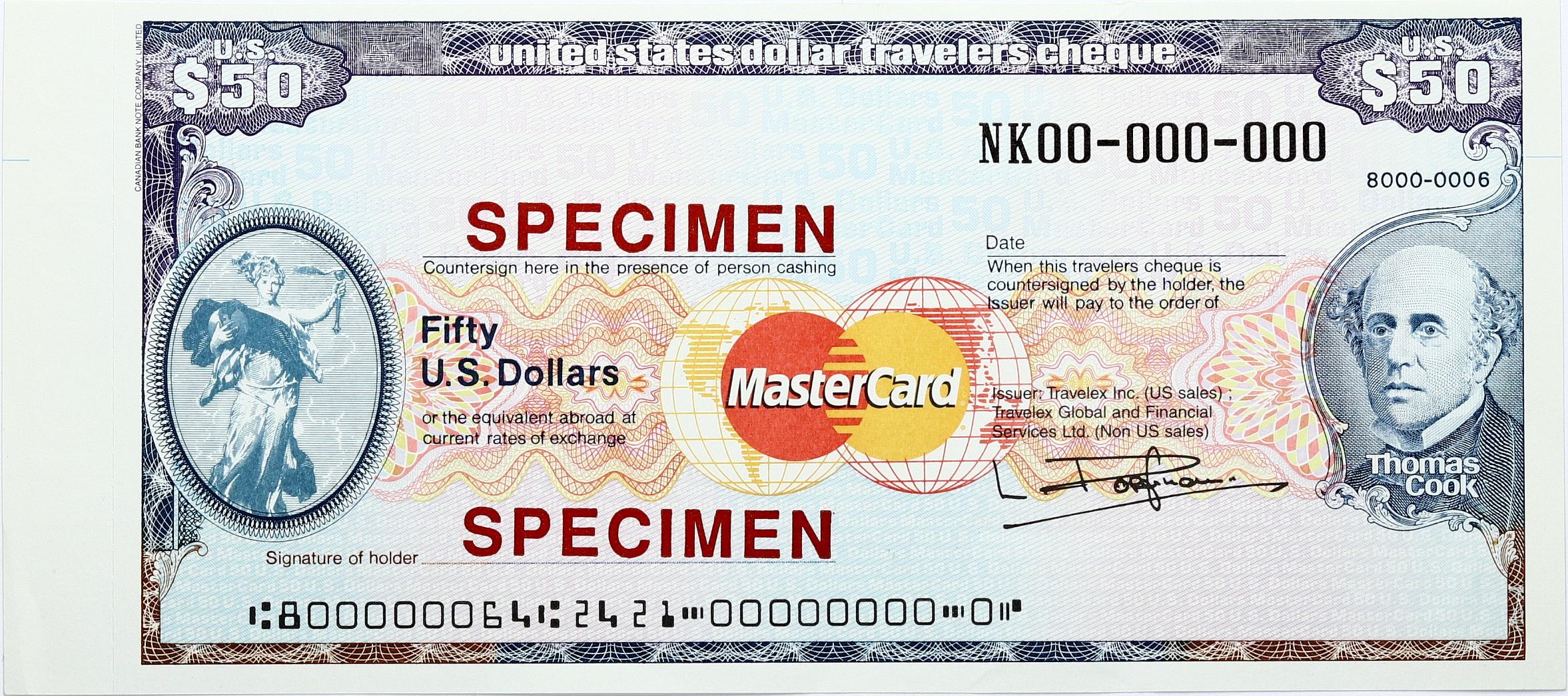 USA Thomas Cook Master Card Travellers Cheques 50 Dollars (20th Century ...