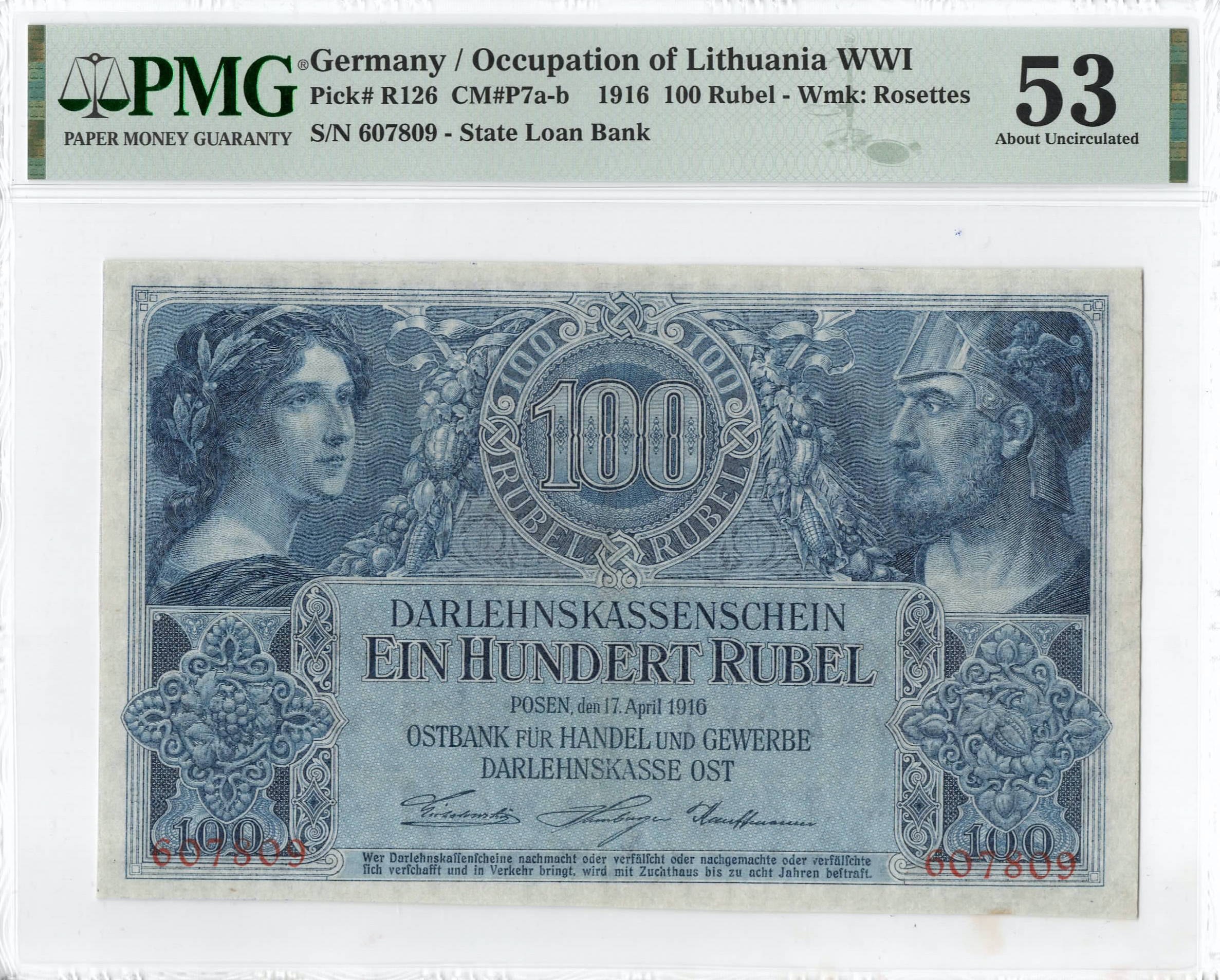 Ober-Ost, 100 rubli 1916 Poznań numeracja 6 cyfrowa - PMG 53 - Aukcja internetowa / Licytacja ...