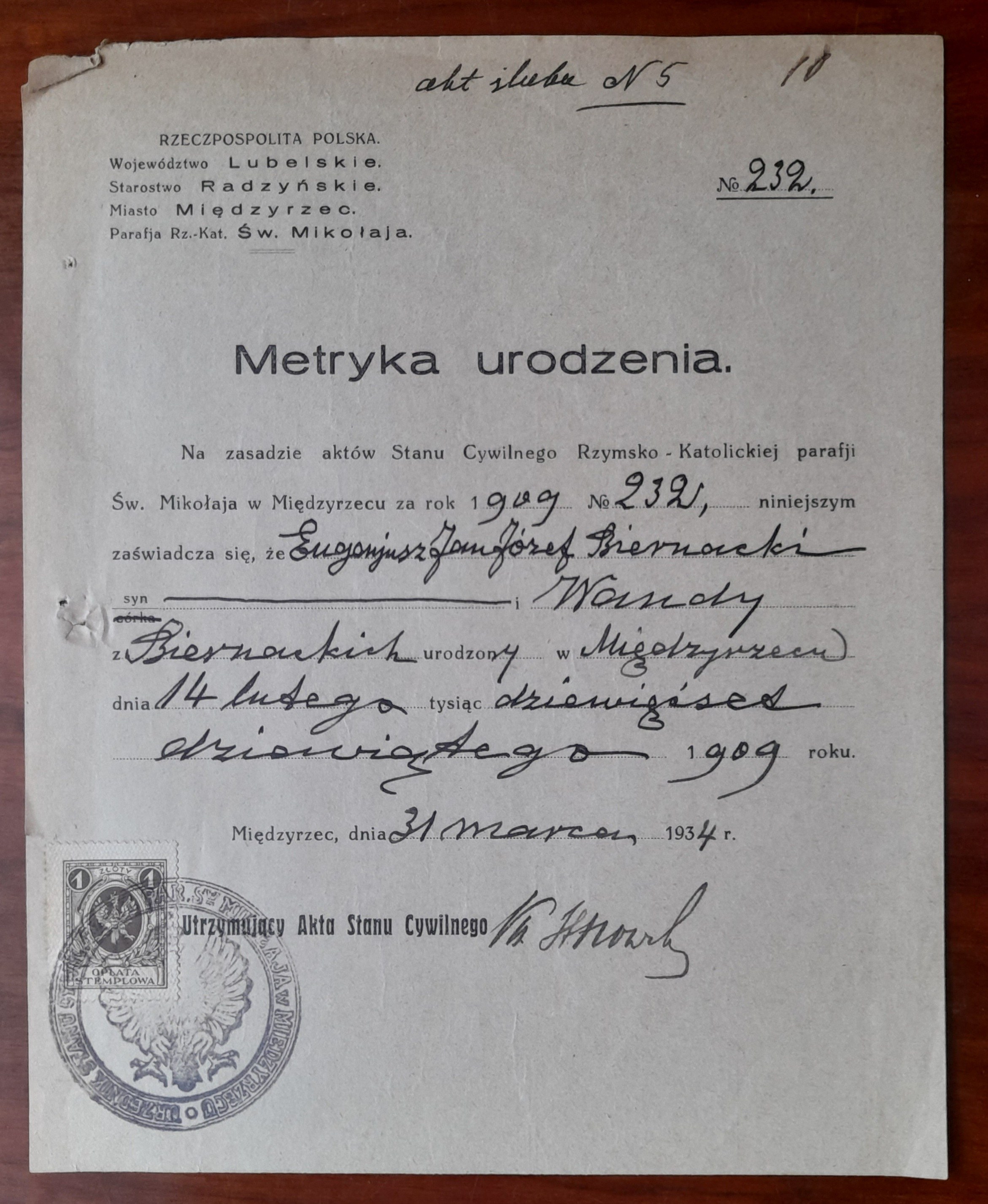 Międzyrzec.Metryka urodzenia wydana na nazwisko Antoni Białecki ...