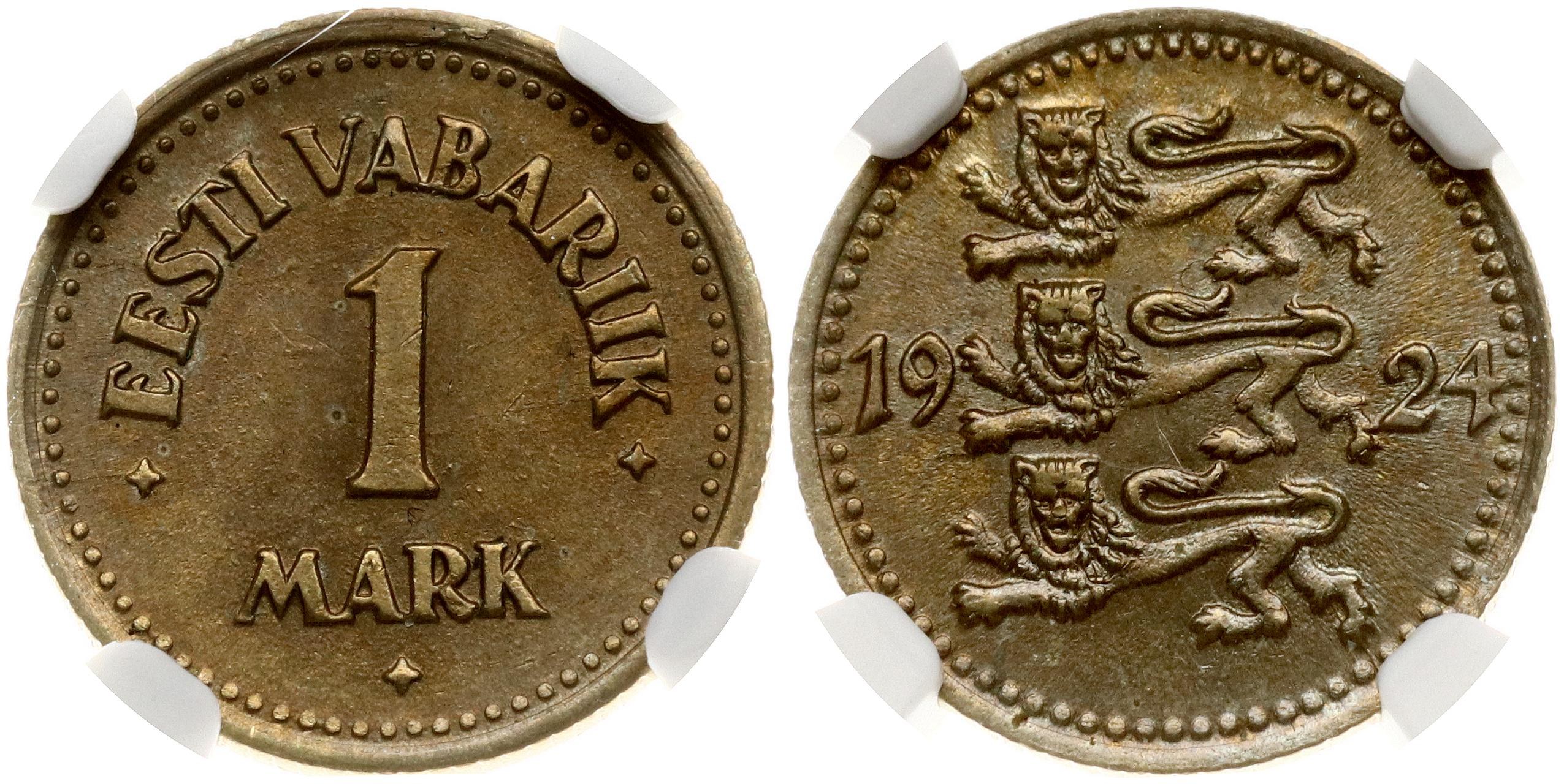 Estonia 1 Mark 1924 Obverse: Three leopards left divide date. Reverse ...