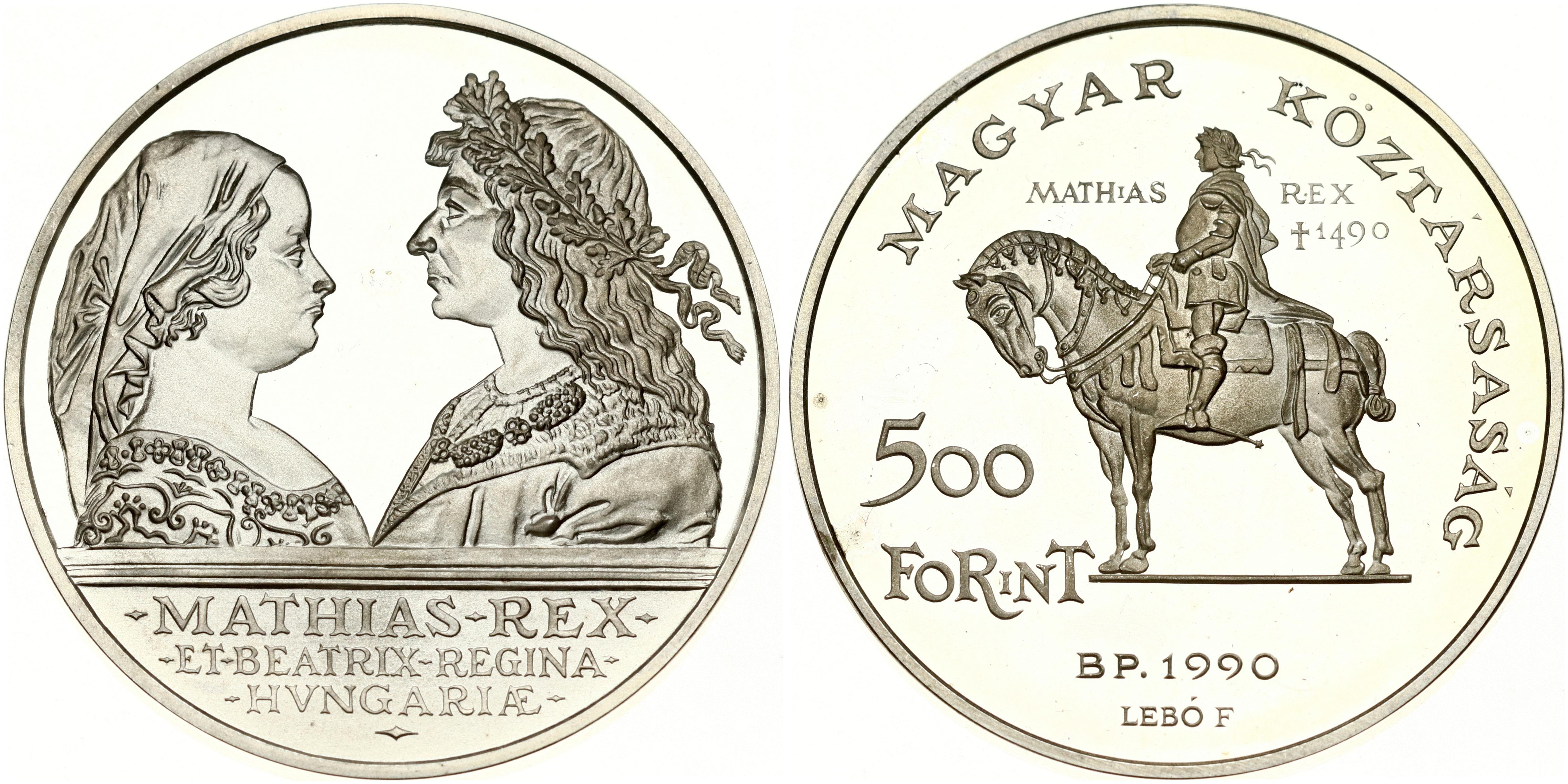 Hungary 500 Forint 1990 King Matthias and Queen Beatrix. Obverse ...
