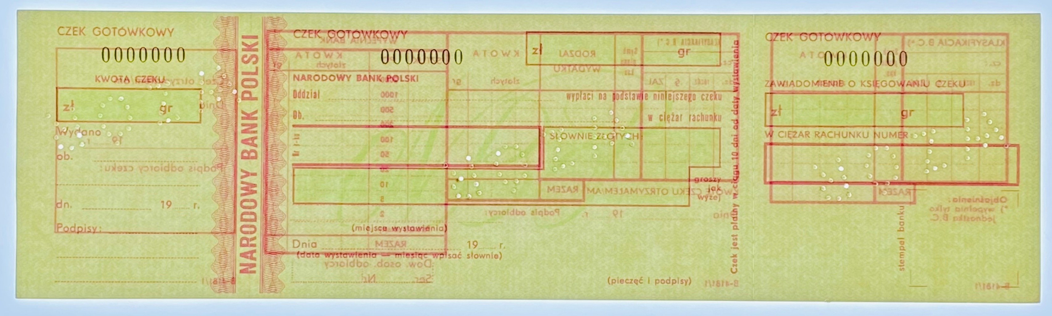 Narodowy Bank Polski - Czek gotówkowy bez serii numeracja 000000 WZÓR ...