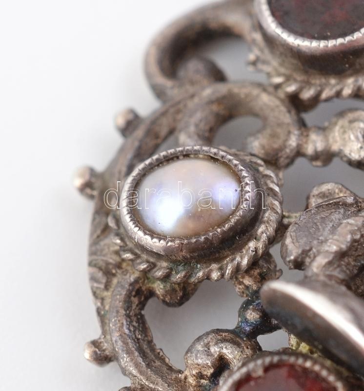 Ezüst (Ag) antik násfa, ötvös ékszer. Függő, alabárdos motívummal, gránátokkal... - Aukcja ...