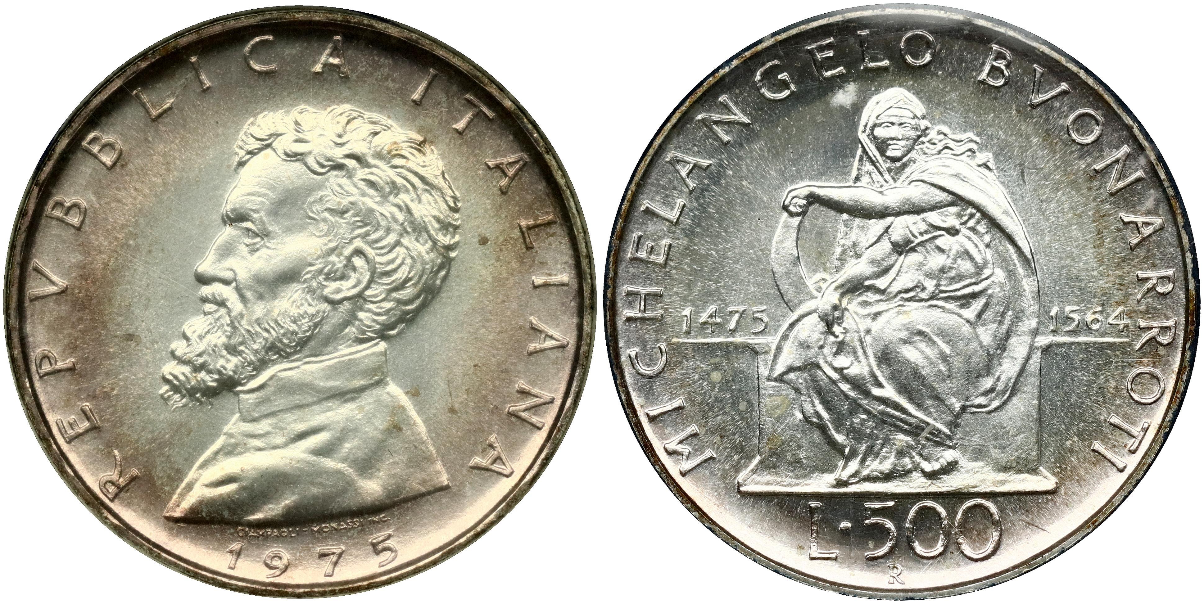 Italy 500 Lire 1975 500th Anniversary of the Birth of Michelangelo ...