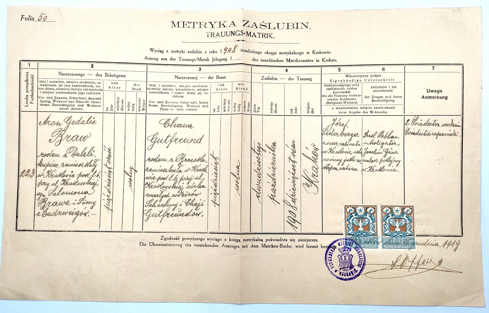 Metryka zaślubin - Izraelicki Okręg Metrykalny w Krakowie 1919 - Aukcja ...