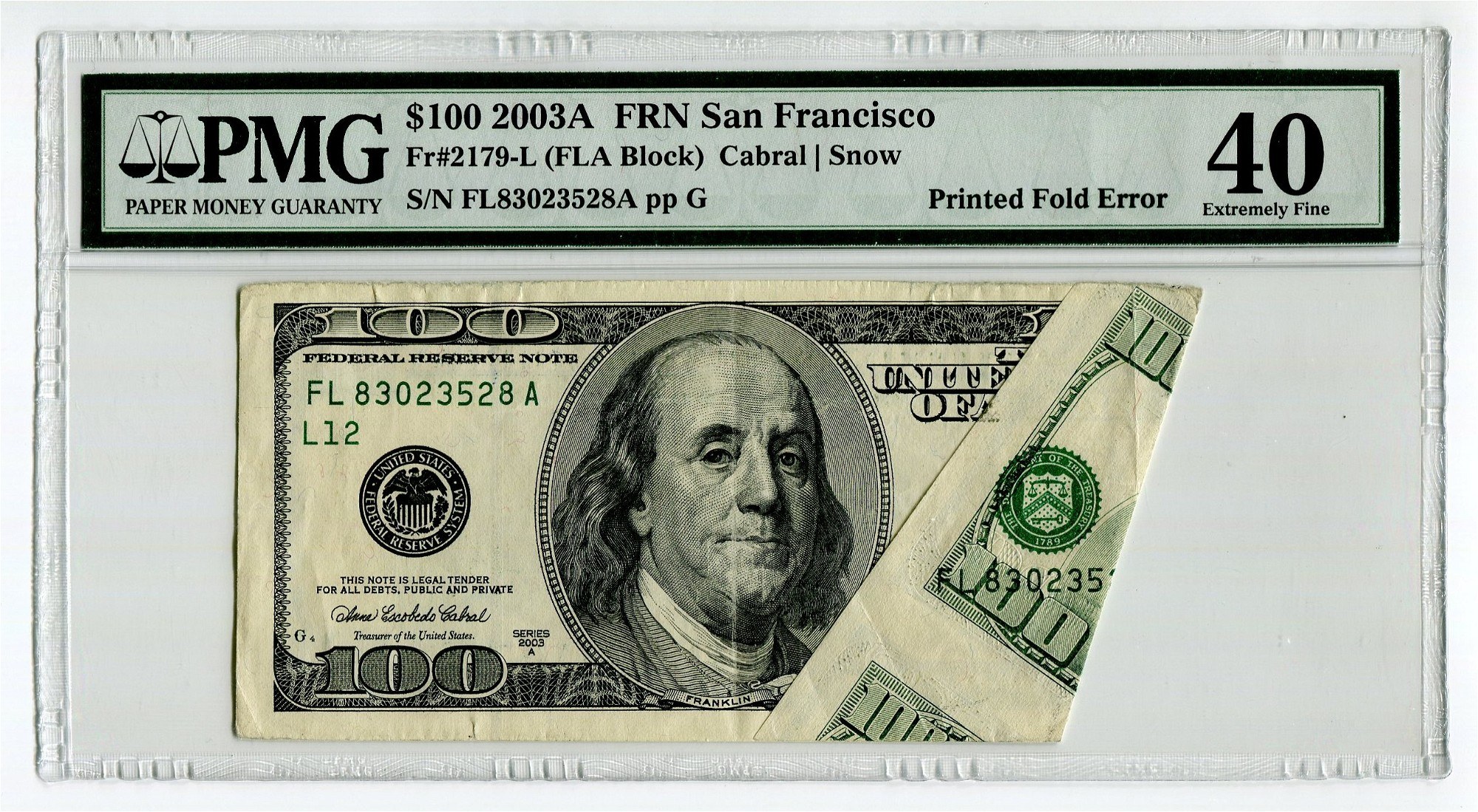 United States 100 Dollars 2003 A Printed Fold Error PMG 40 - Aukcja ...