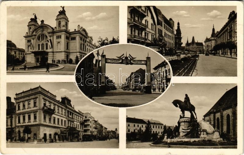1940 Kolozsvár, Cluj; bevonulás, magyar zászlók, "Erdély visszatér ...