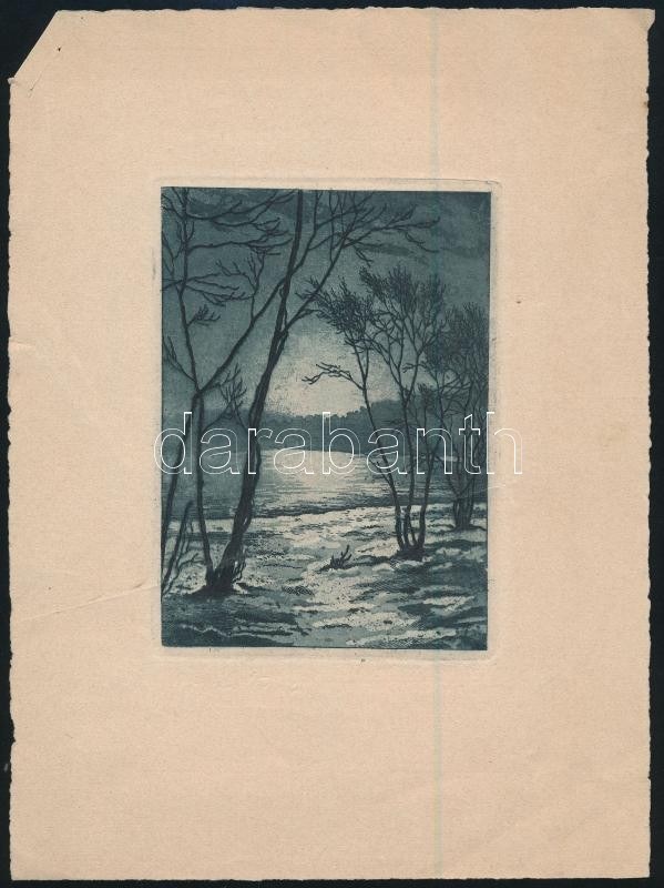 Jelzés nélkül: Vízparti táj. Rézkarc, papír. Törésnyomokkal. 13x9,5 cm ... Jelzés nélkül: Vízparti táj. Rézkarc, papír. Törésnyomokkal. 13x9,5 cm ...