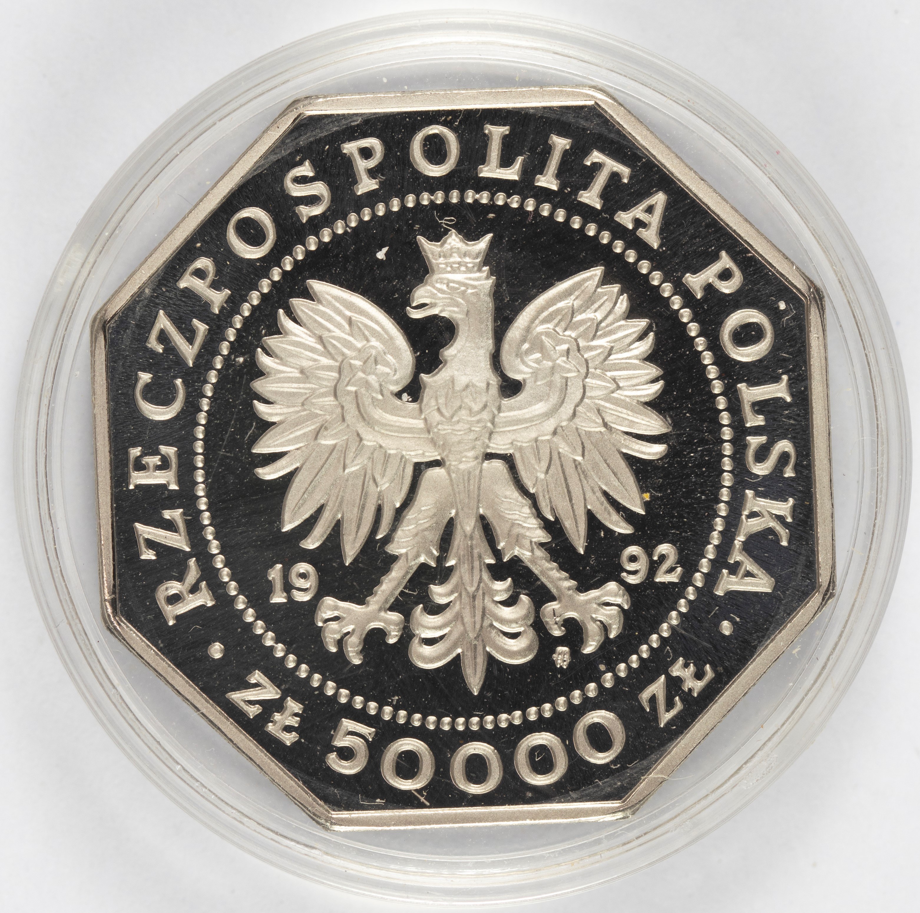 PRL. SAMPLE Nickel. 50,000 zl, 1992. 200 YEARS OF ORDER VIRTUTI ...