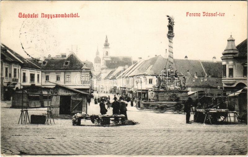 1910 Nagyszombat, Trnava; Ferenc József tér, Szentháromság szobor, piac ...