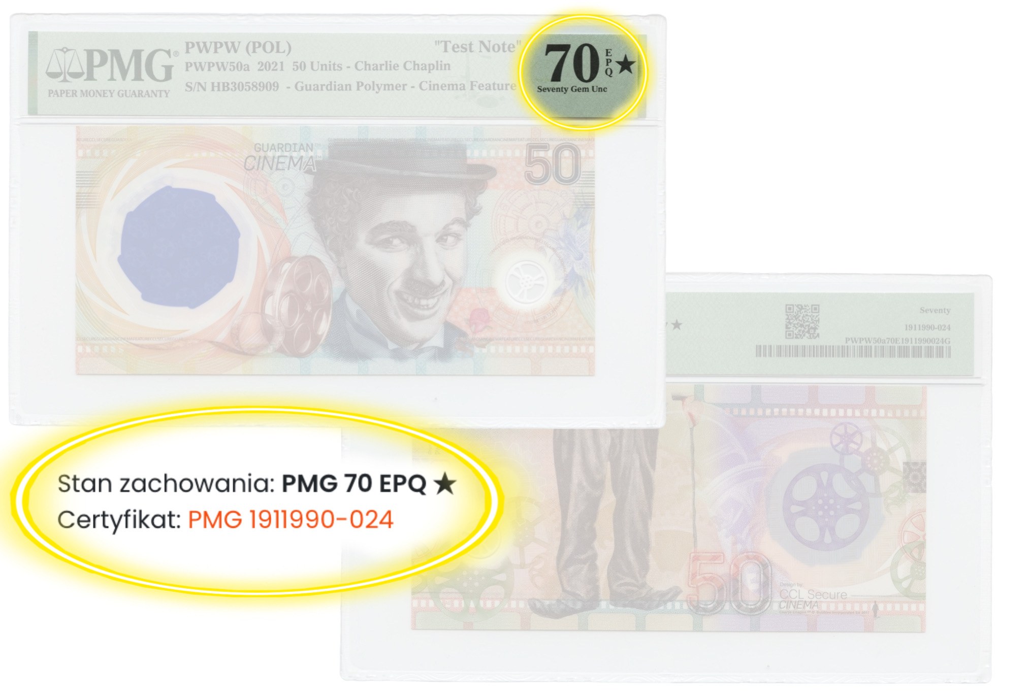 PWPW - 50 units - Charlie Chaplin, 2021 - banknot testowy - PMG 70 EPQ ...