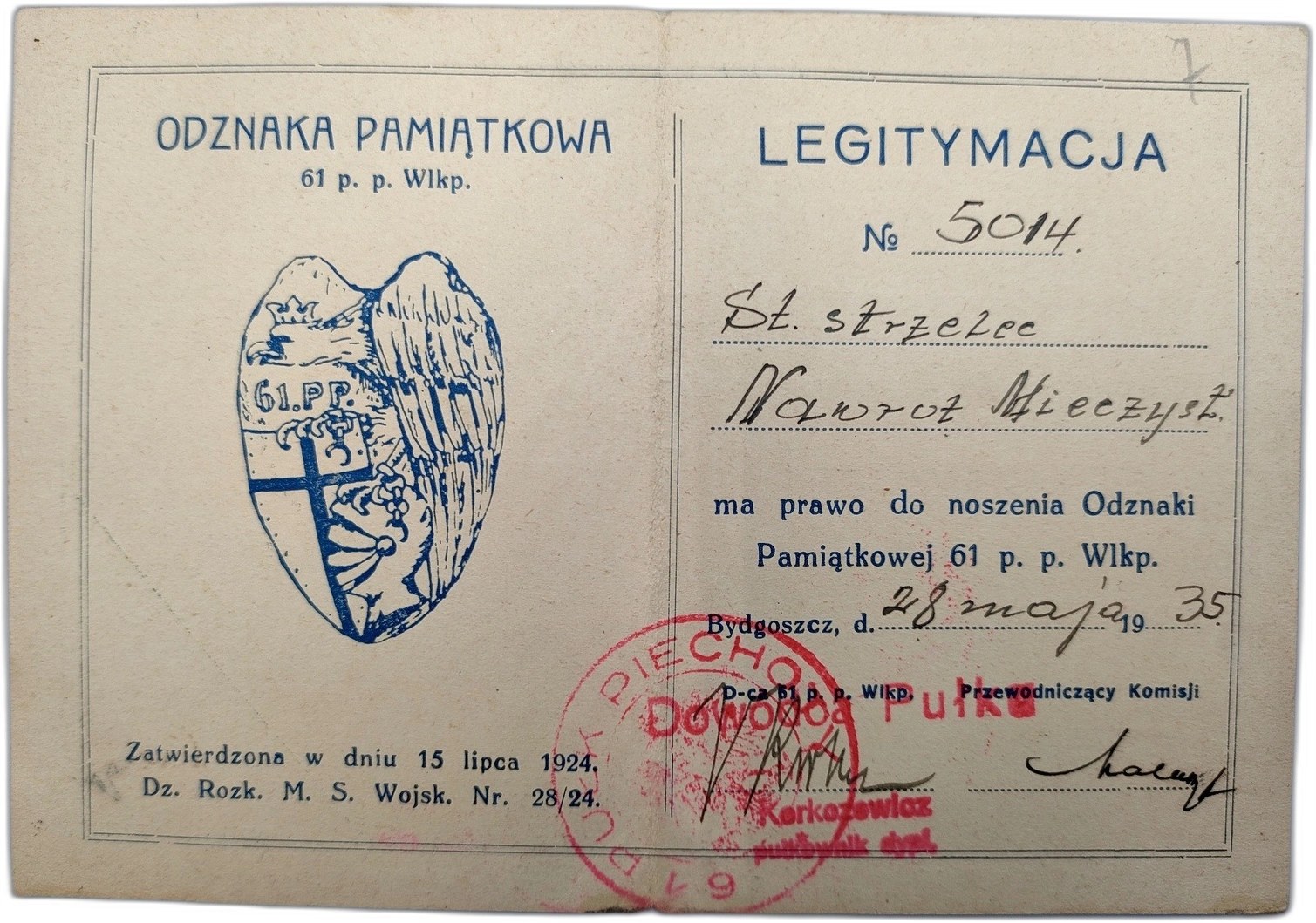Legitymacja do Odznaki 61 Pułku Piechoty Wielkopolskiej, Podpis Pułkownika Jana Korkozowicza ...
