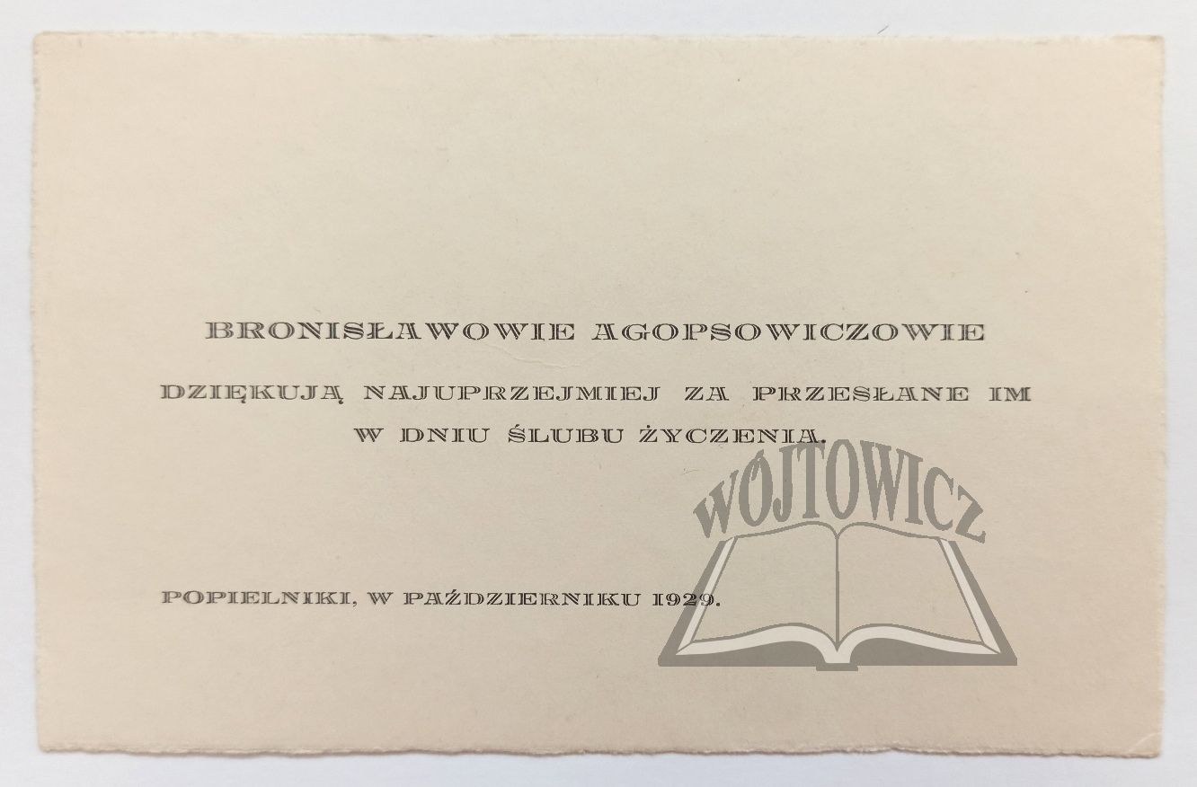 (AGOPSOWICZ). Karta z podziękowaniami. - Aukcja internetowa / Licytacja ...