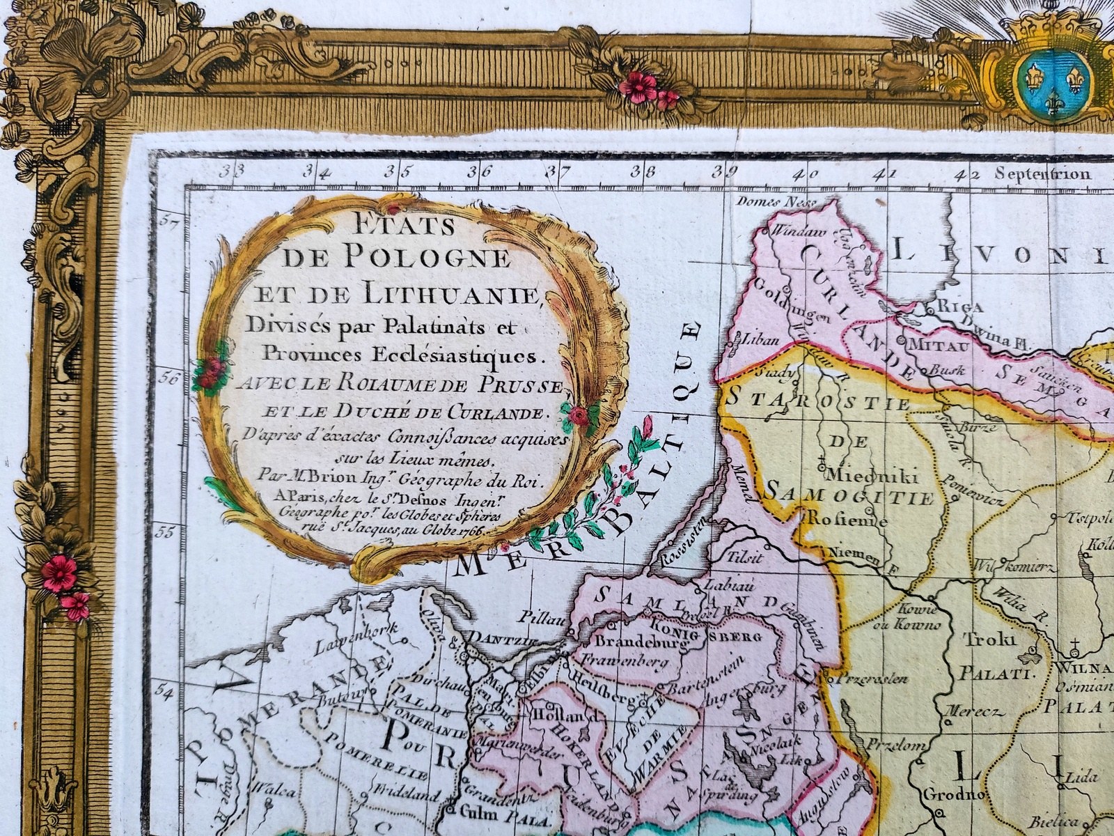 Mapa Polski i Litwy - miedzioryt ręcznie kolorowany - Paryż 1766 [ Z ...