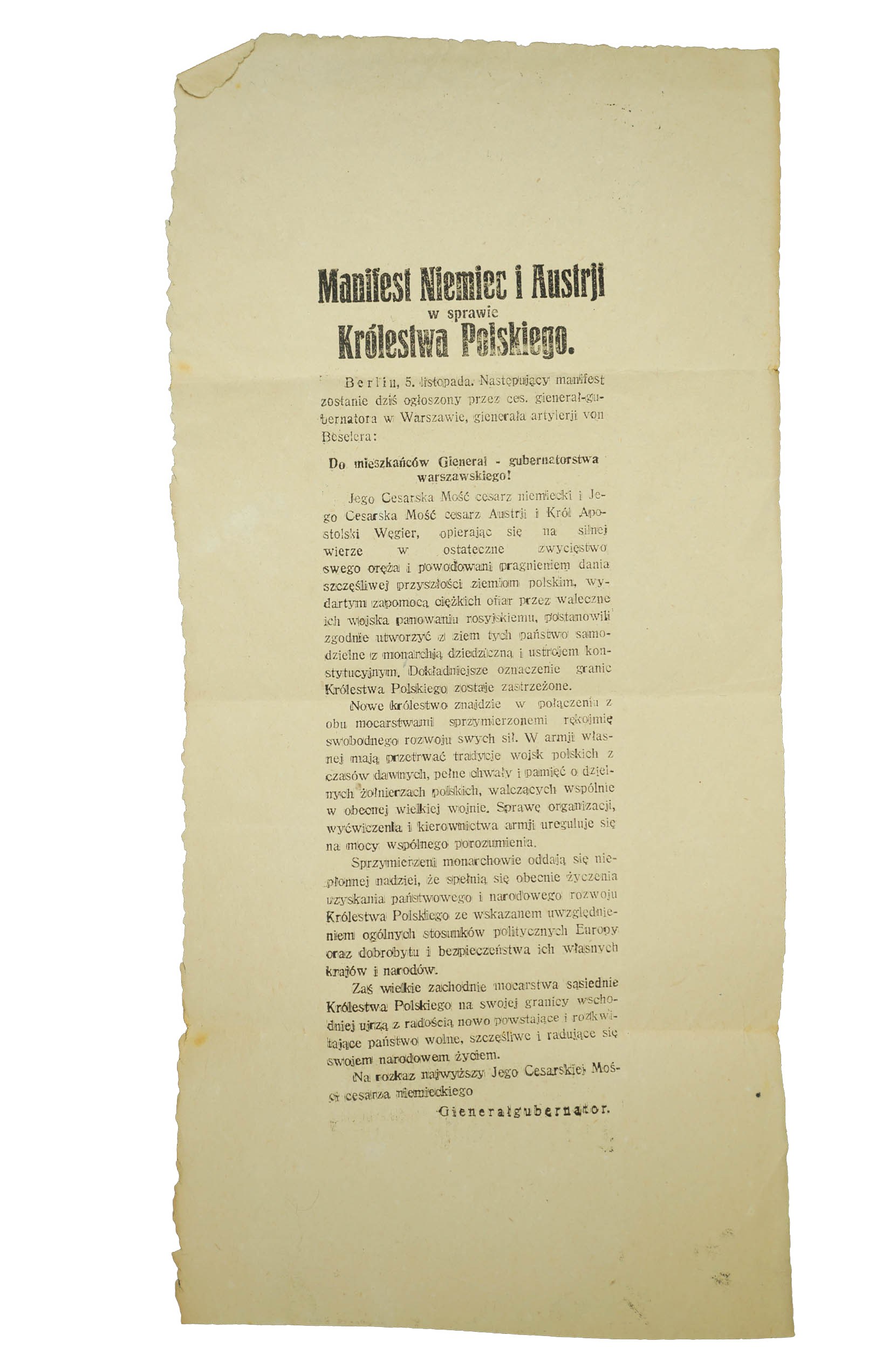 [I wojna światowa - AKT 5 LISTOPADA 1916r.] Manifest Niemiec i Austrii ...