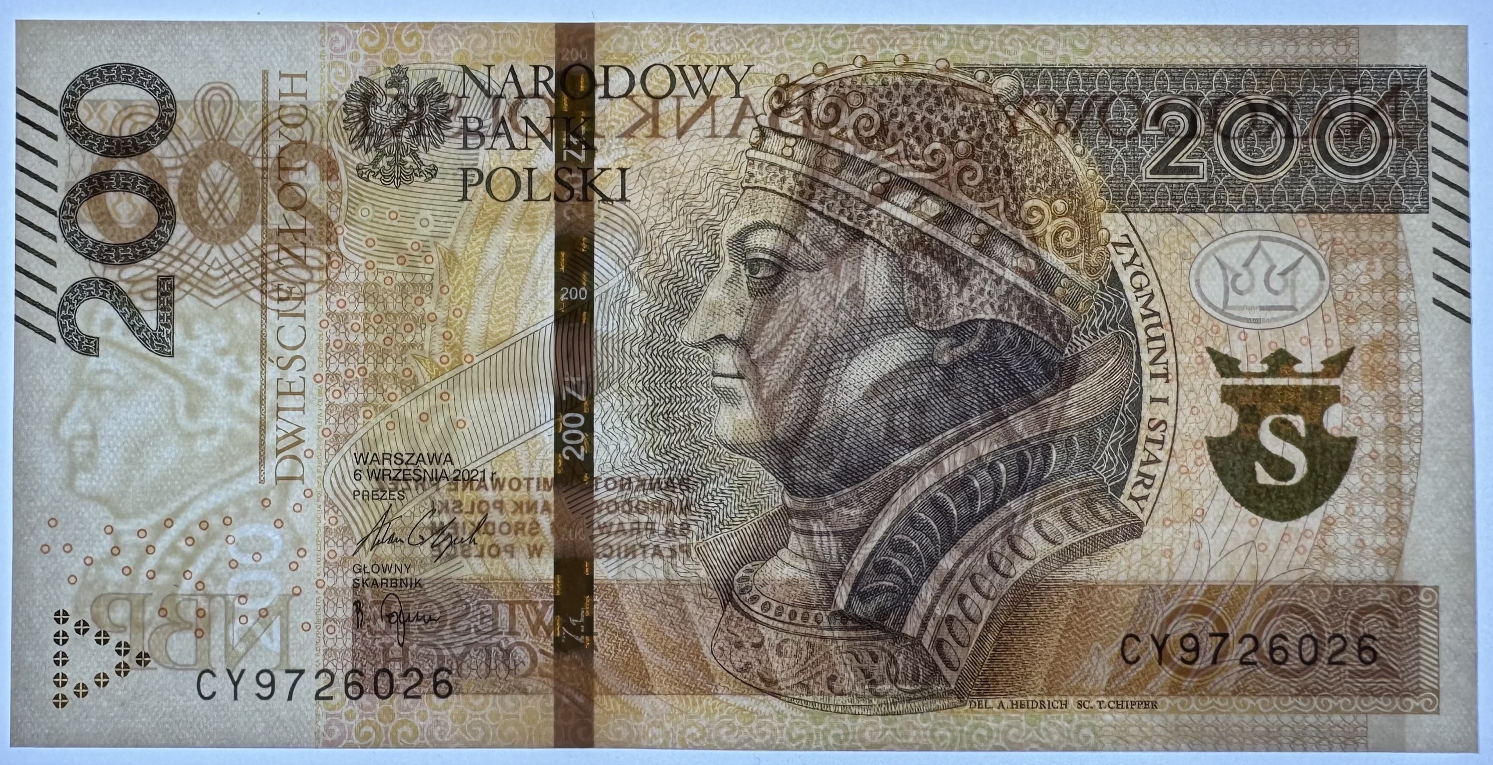 200 złotych 2021 - seria CY tzw: przejściowa emitowana w 2015 oraz 2021 ...