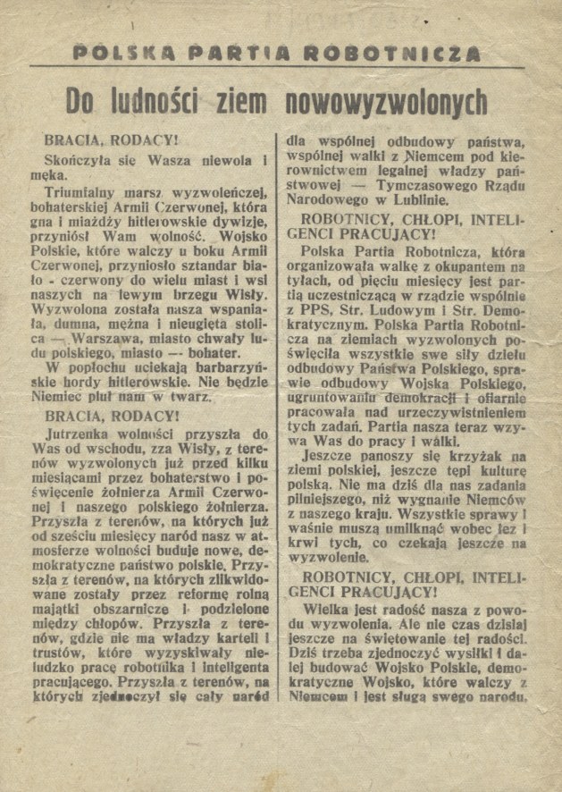 POLSKA Partia Robotnicza. Do ludności ziem nowowyzwolonych : Bracia, Rodacy! [Inc.... - Aukcja ...