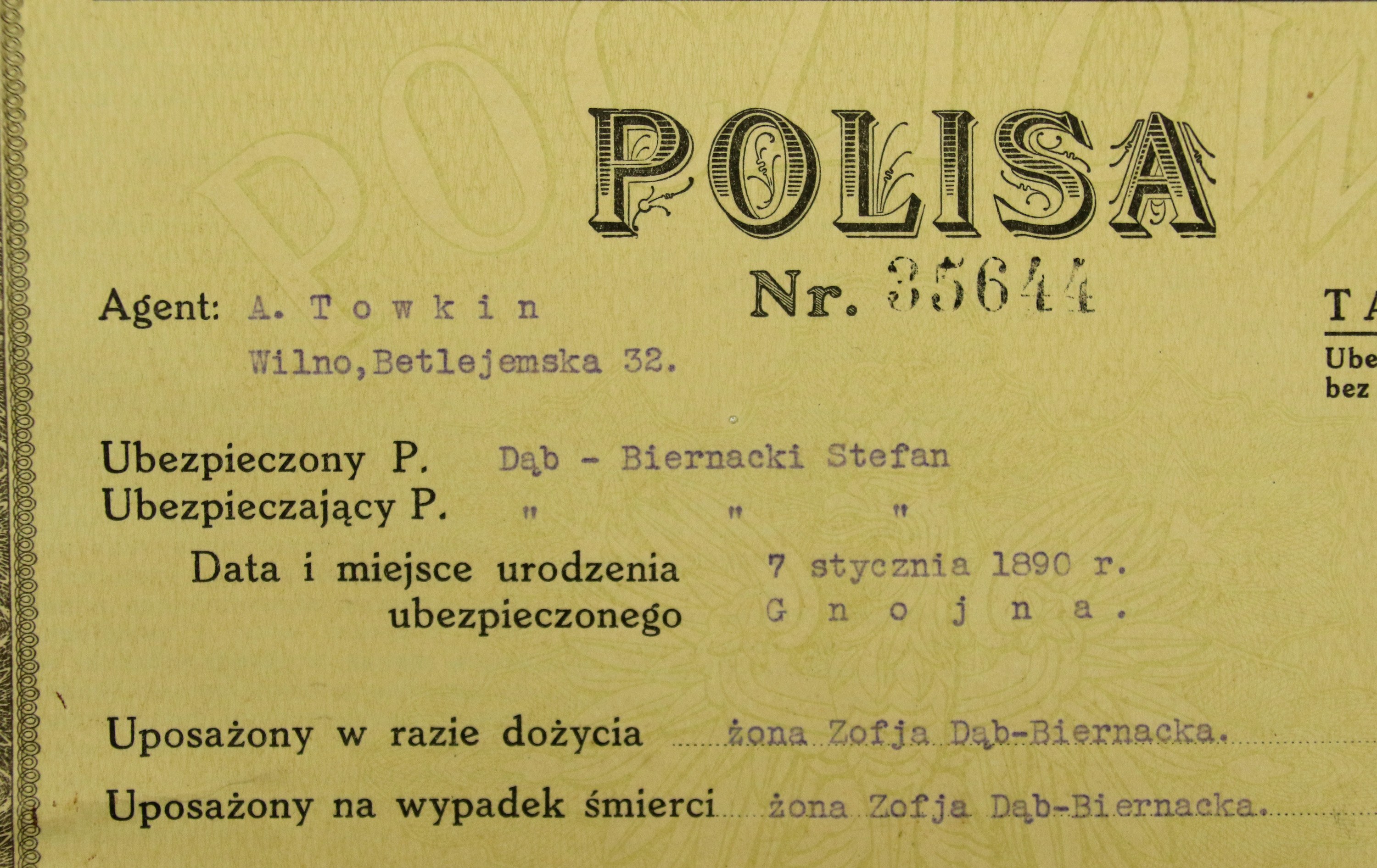 Generał Stanisław Dąb Biernacki, dokumenty ubezpieczenia na życie (753 ...