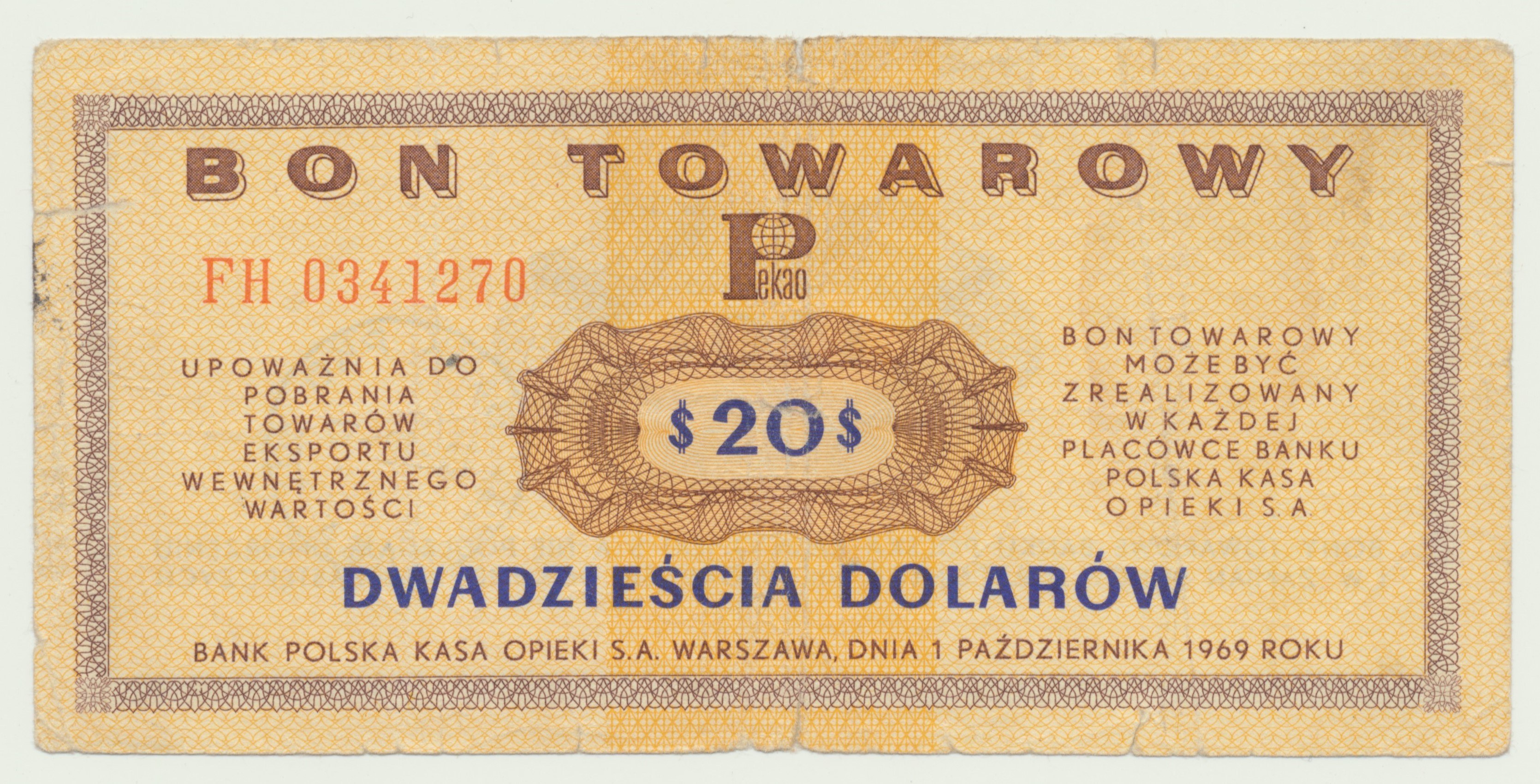Pewex Bon Towarowy, 20 dolarów 1969, ser. FH - Aukcja internetowa ...