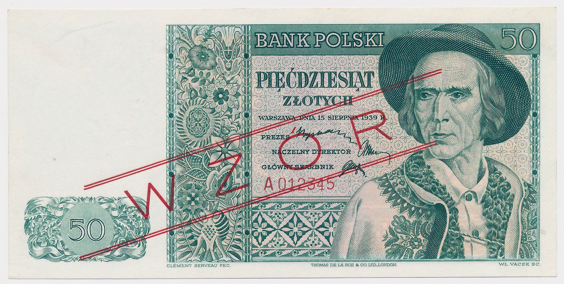 Londyn, 50 złotych 1939 - WZÓR - A 012345 - Aukcja internetowa ...