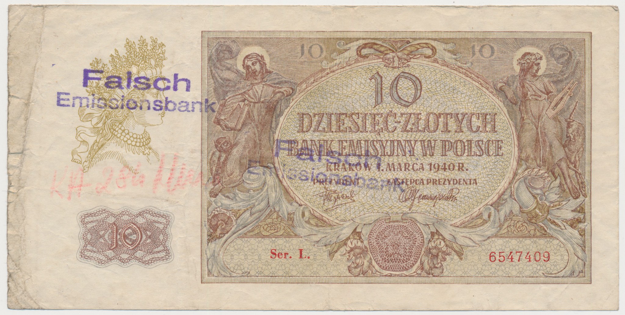 Falsyfikat z epoki 10 złotych 1940 - ze stemplem FALSCH EMISSIONSBANK ...
