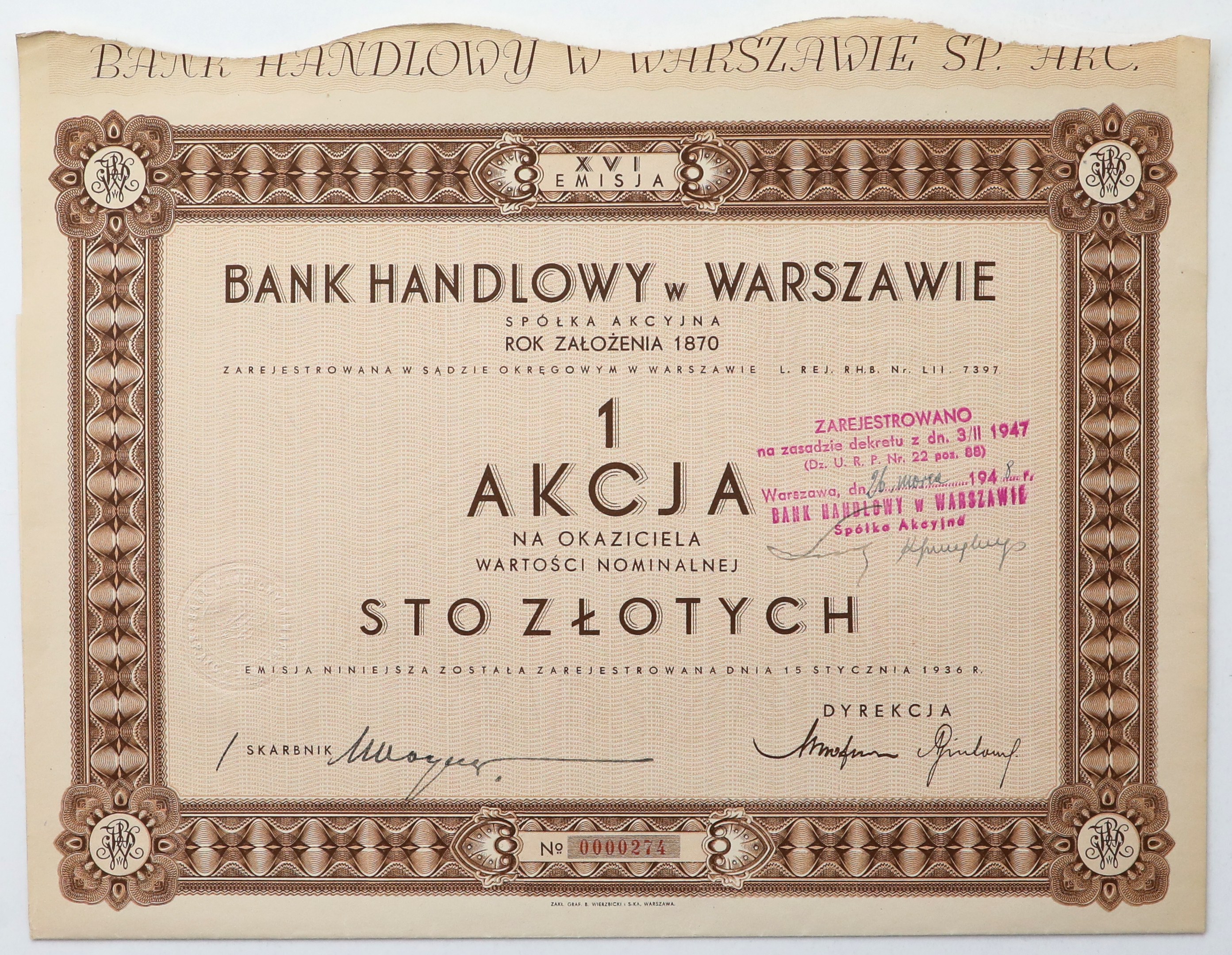 Bank Handlowy w Warszawie, Em.16, 100 zł 1936 - Aukcja internetowa ...