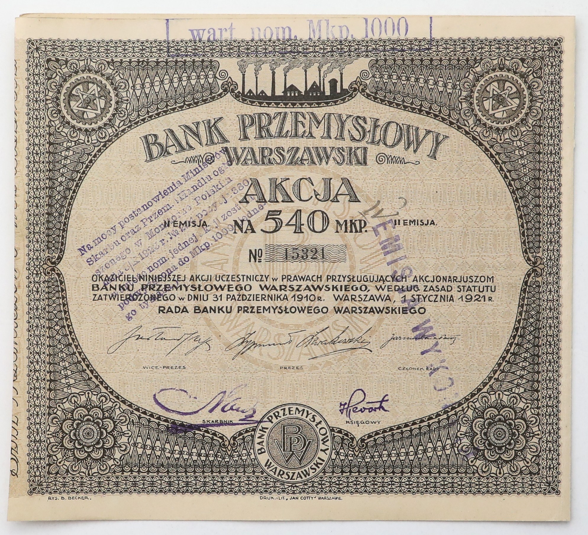 Bank Przemysłowy Warszawski, Em.2, 540 mkp 1921 - przestemplowana ...