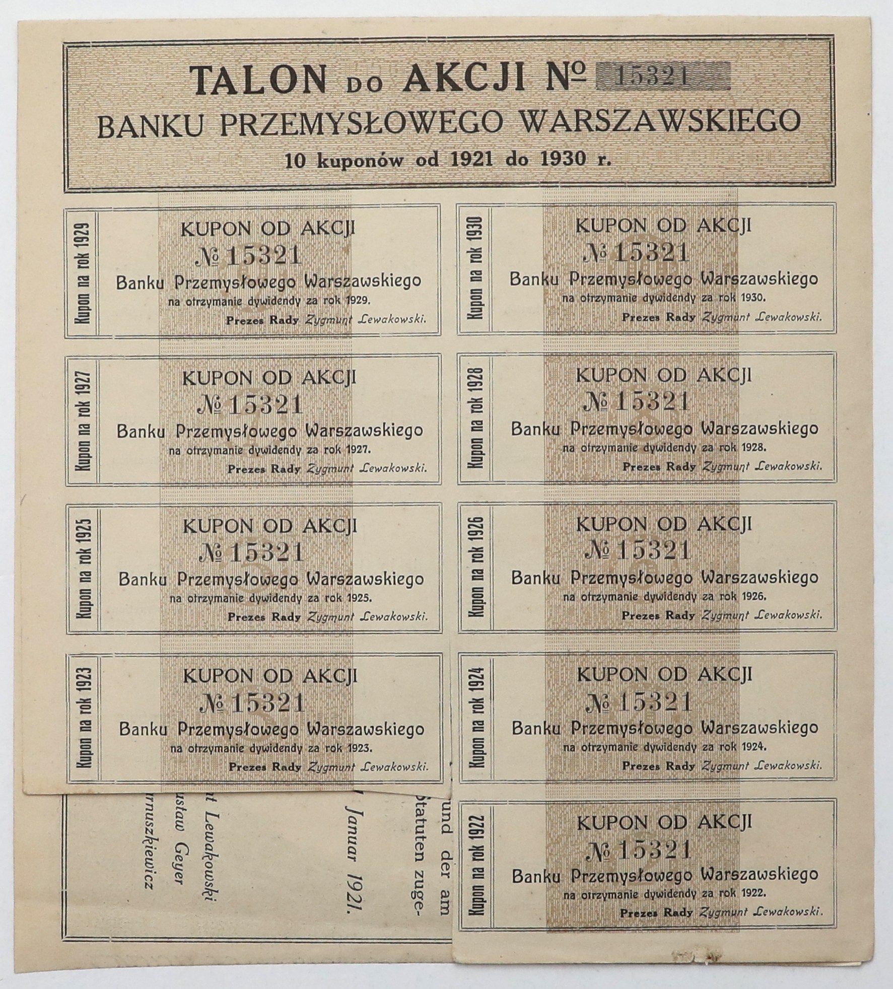 Bank Przemysłowy Warszawski, Em.2, 540 mkp 1921 - przestemplowana ...