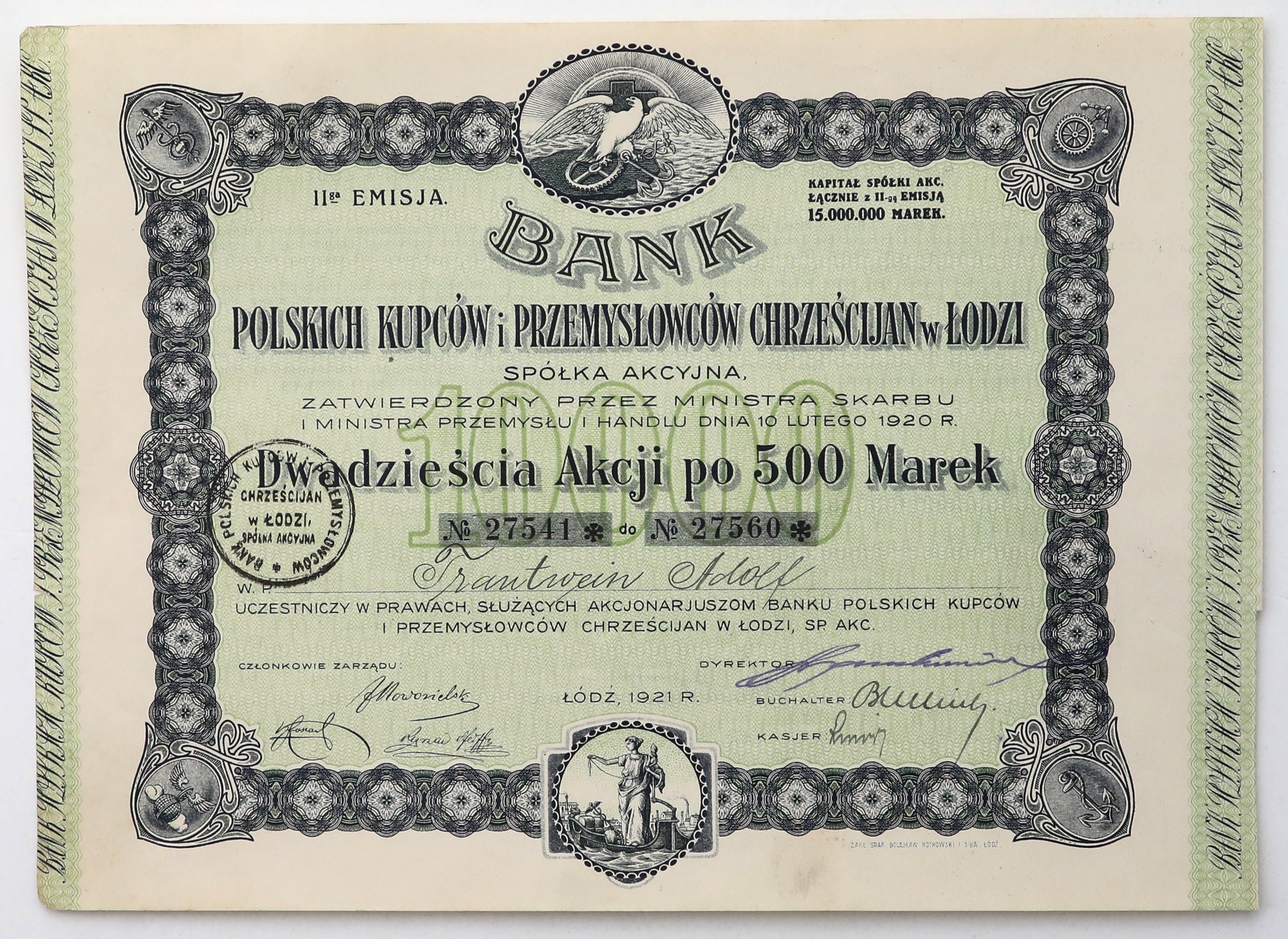 Bank Polskich Kupców i Przemysłowców Chrześcijan w Łodzi, Em.2, 20x 500 ...
