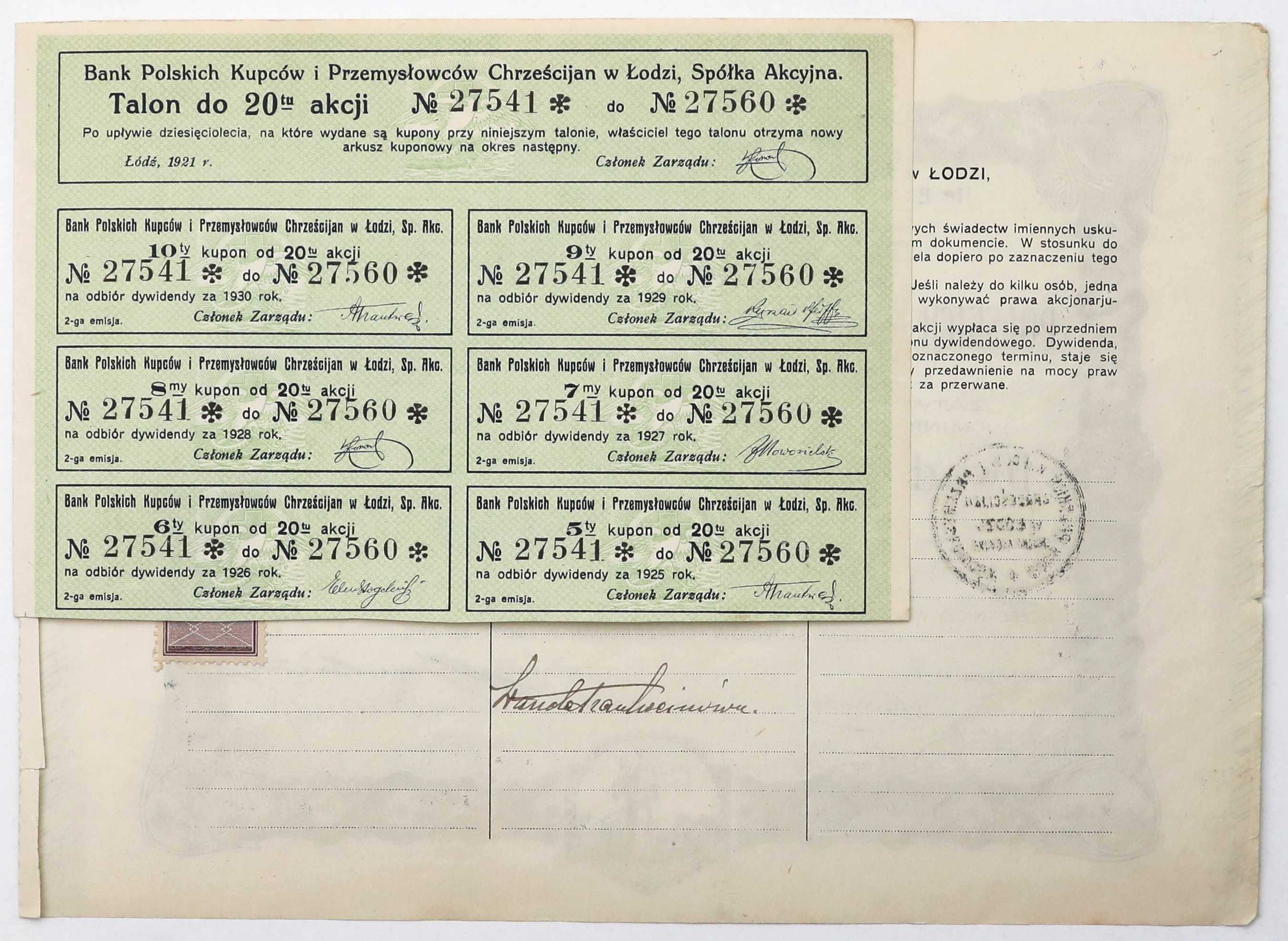 Bank Polskich Kupców i Przemysłowców Chrześcijan w Łodzi, Em.2, 20x 500 ...