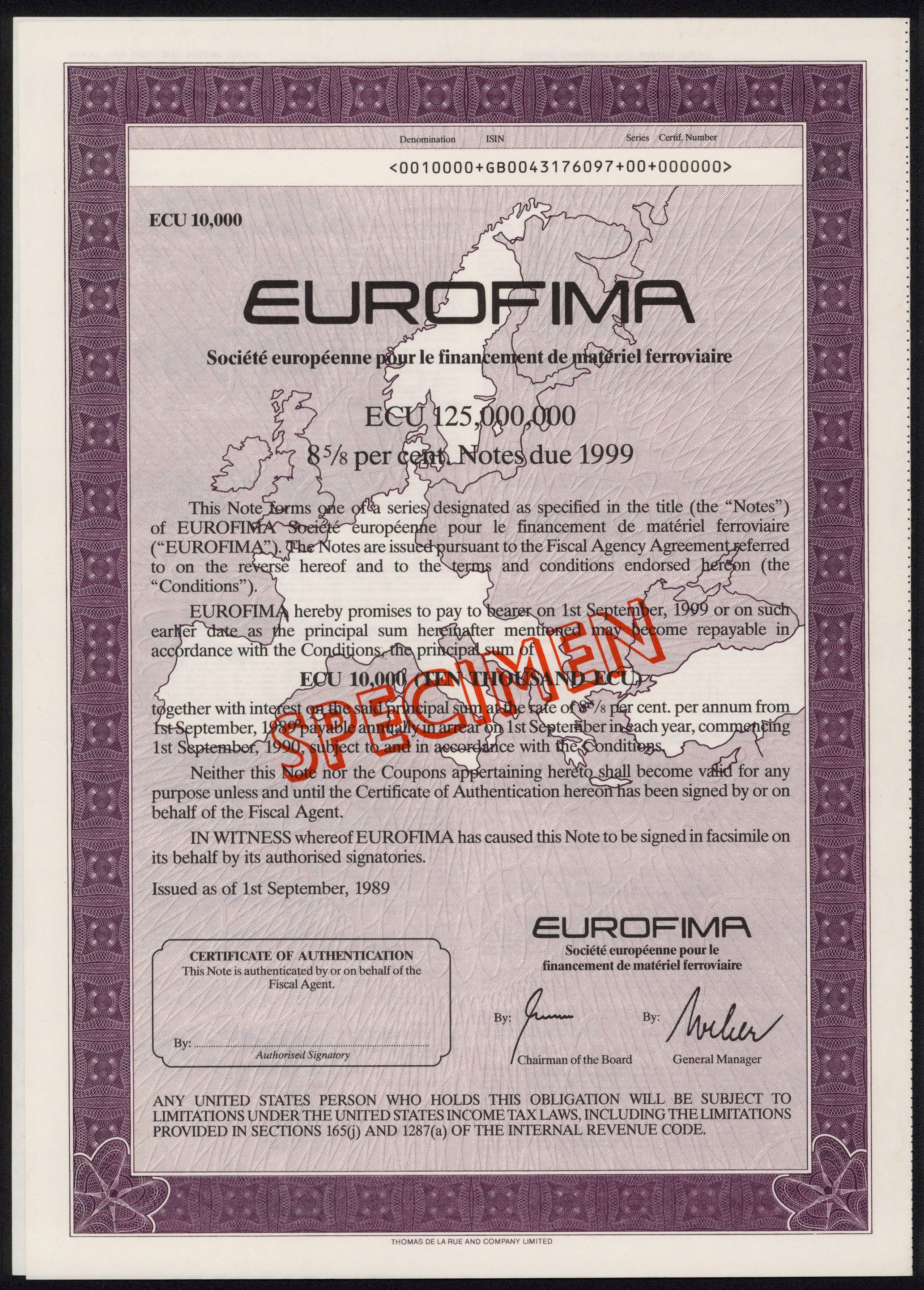 Eurofima, SPECIMEN Obligacji 10.000 Ecu 1989 - Aukcja internetowa ...