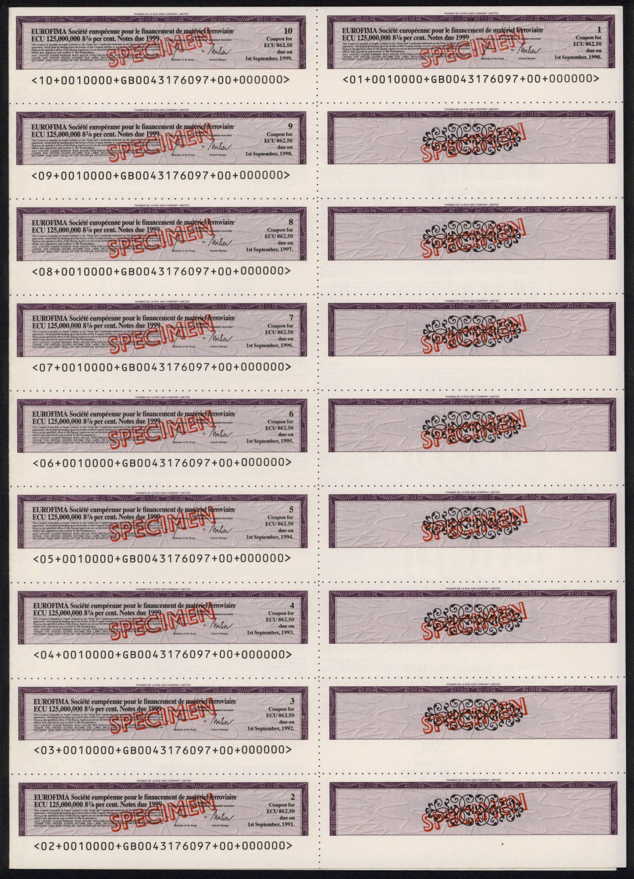 Eurofima, SPECIMEN Obligacji 10.000 Ecu 1989 - Aukcja internetowa ...