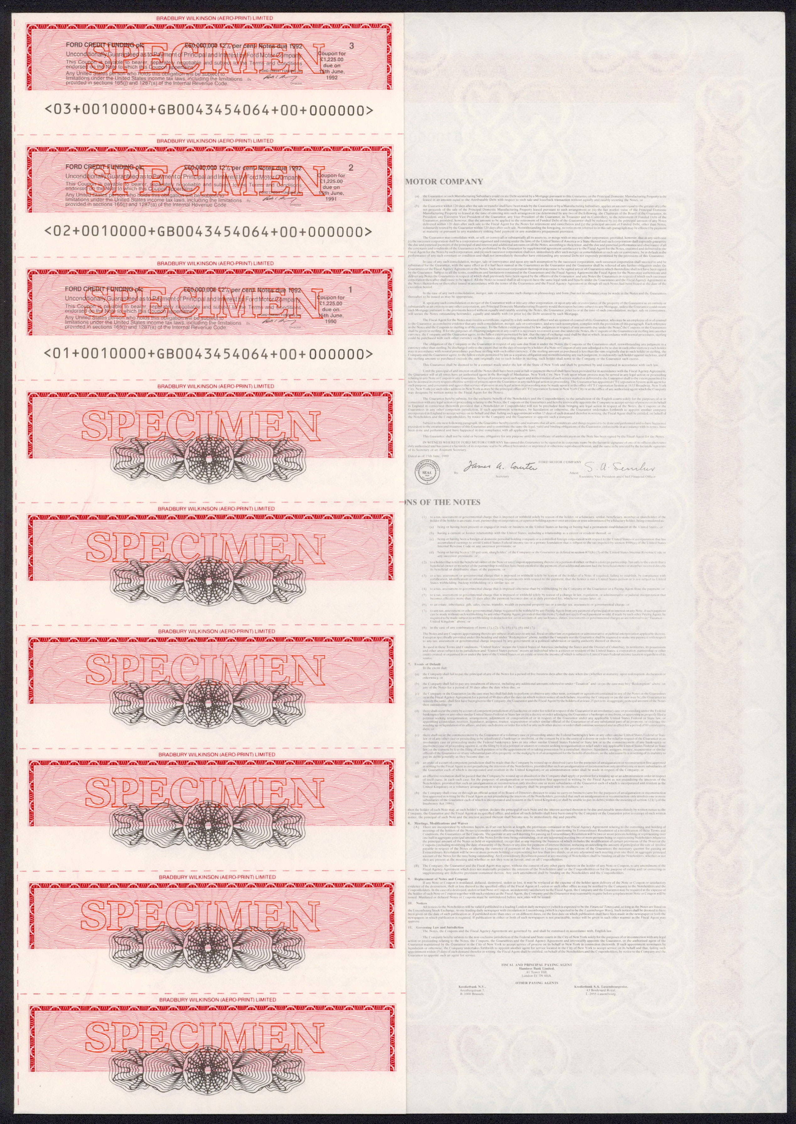 Londyn, FORD MOTOR Company, SPECIMEN Obligacji 10.000 Pounds 1989 ...