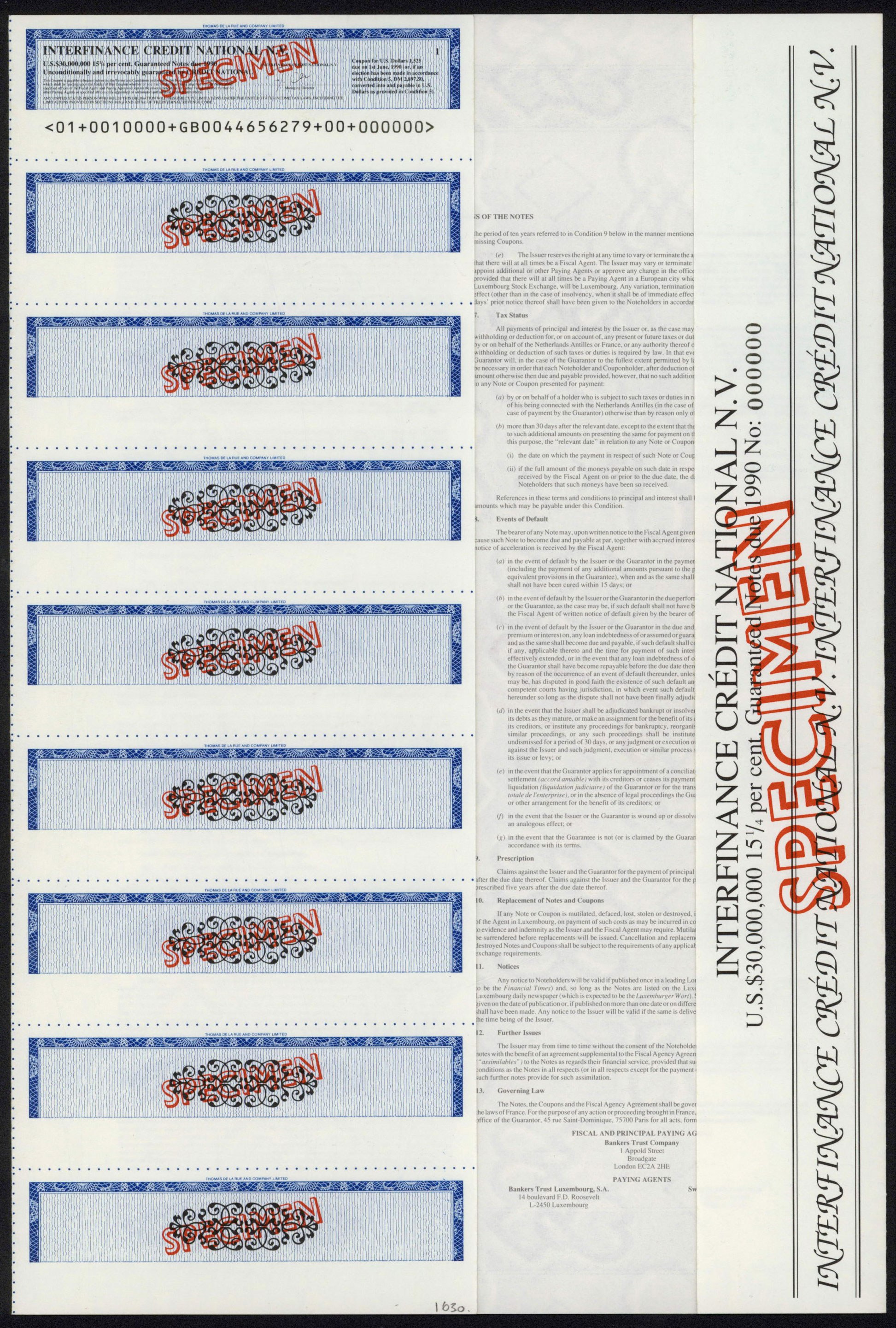 Francja, Interfinance Credit National N.V, SPECIMEN Obligacji 10.000 ...