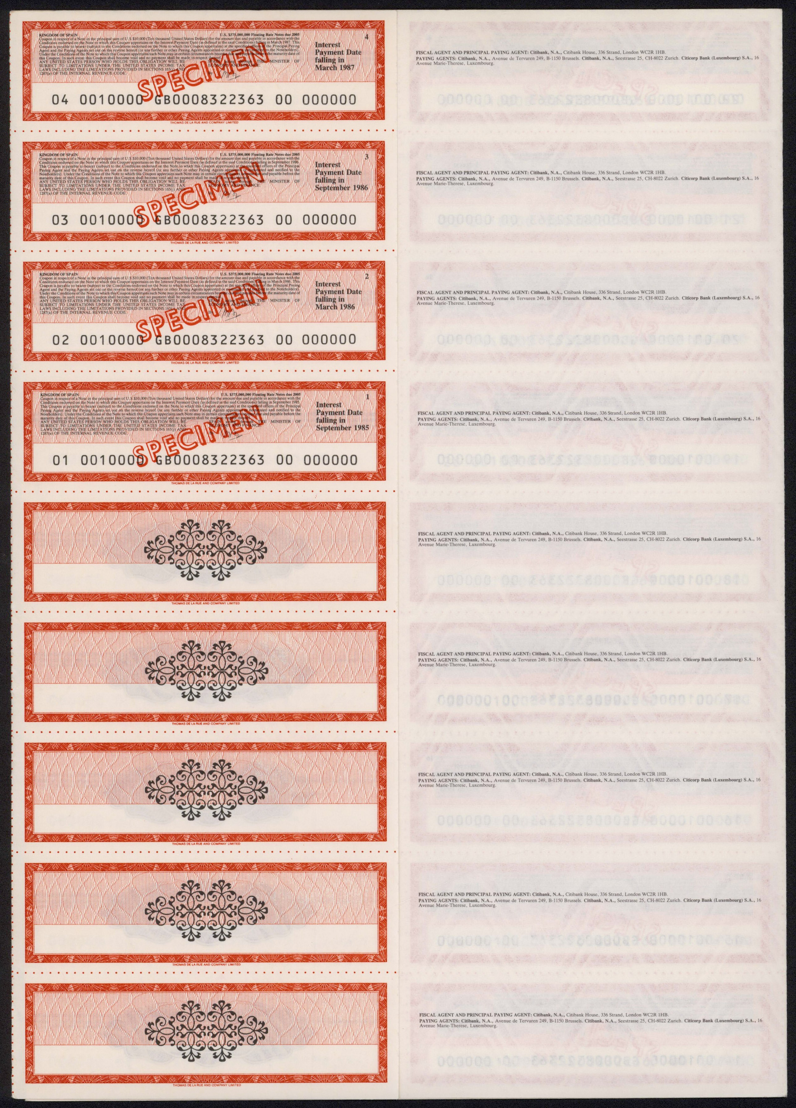Hiszpania, SPECIMEN Obligacji 10.000 Dollars 1985 - Aukcja internetowa ...