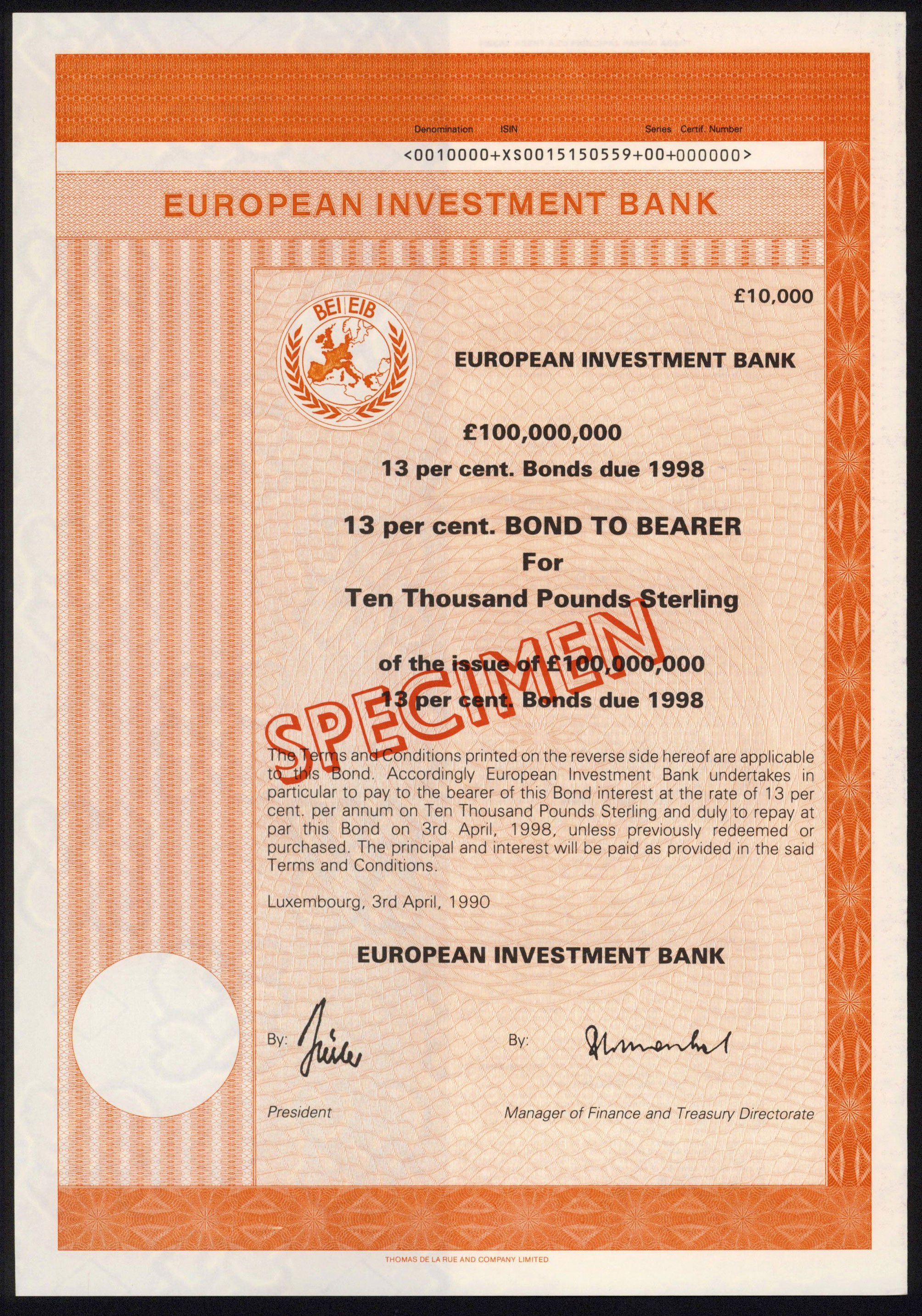 Luksemburg, European Investment Bank, SPECIMEN Obligacji 10.000 Pounds ...