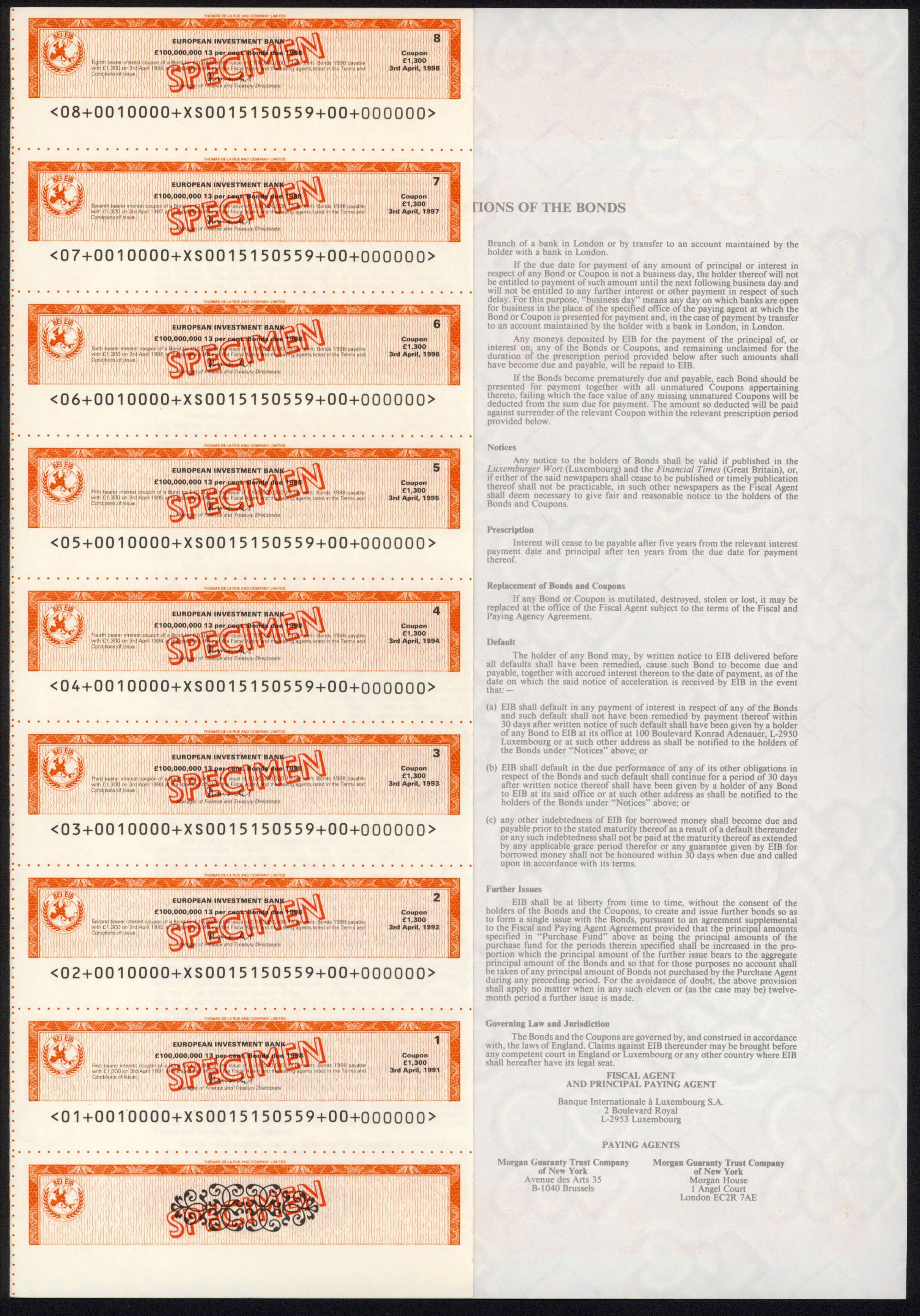 Luksemburg, European Investment Bank, SPECIMEN Obligacji 10.000 Pounds ...