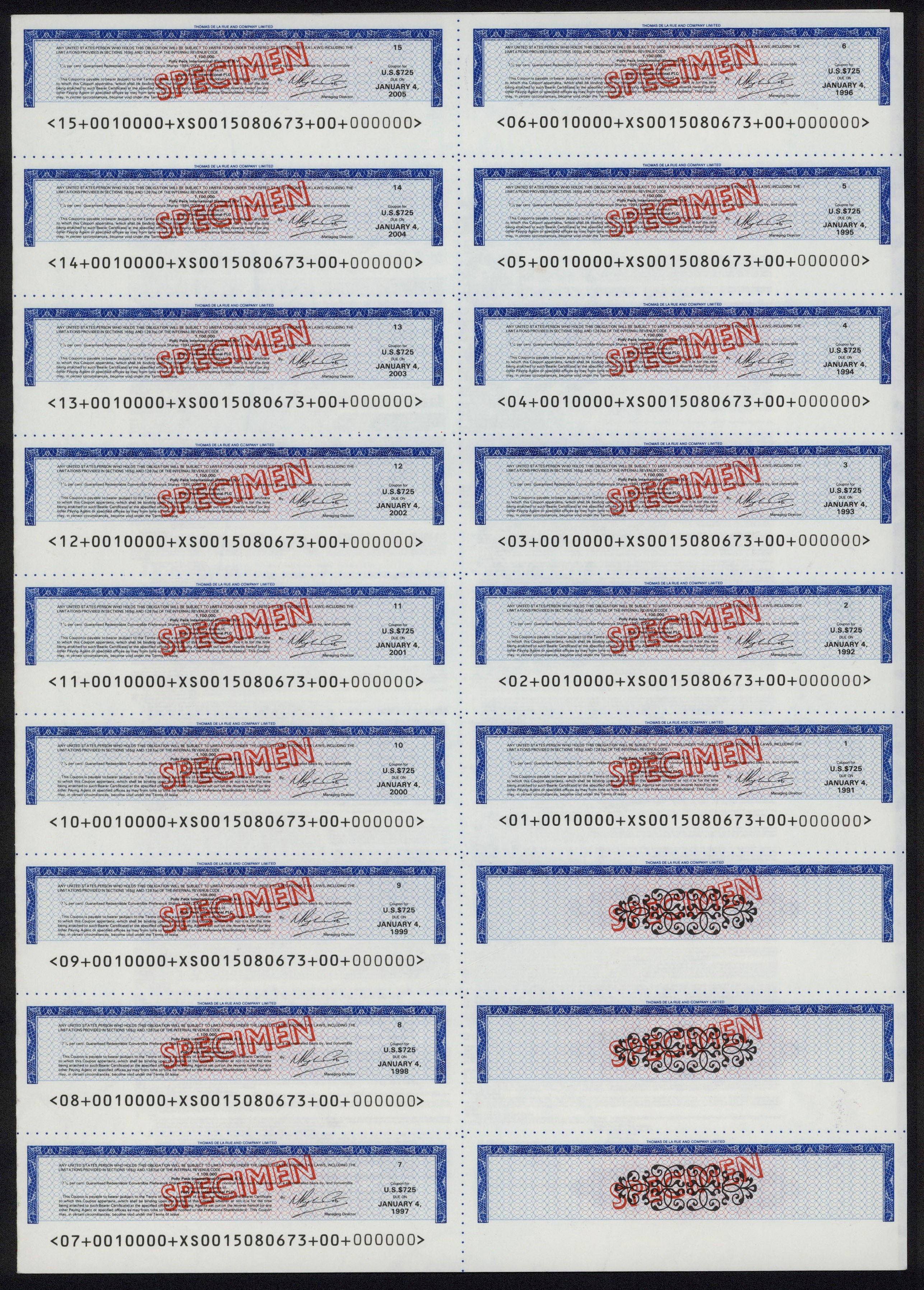 Luksemburg, Polly Peck International, SPECIMEN Obligacji 10.000 Dollars ...